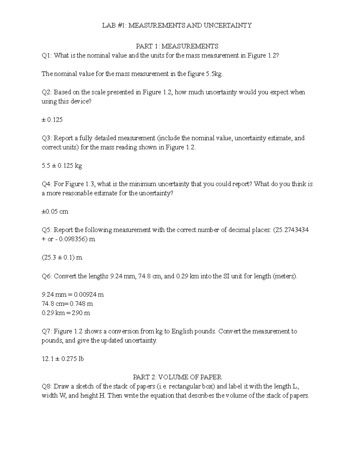 Lab #1 - 123 - LAB #1: MEASUREMENTS AND UNCERTAINTY PART 1 ...