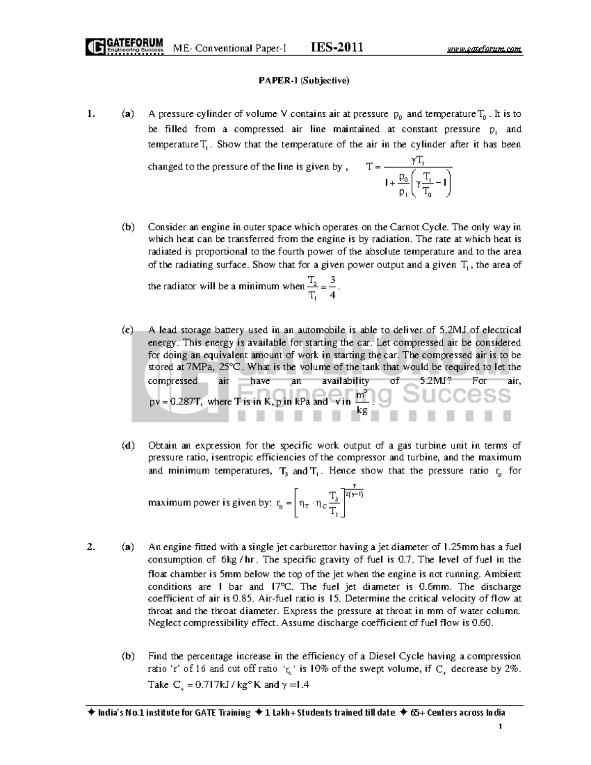 IES ME 2011 Subjective Paper I - India’s No institute for GATE Training ...
