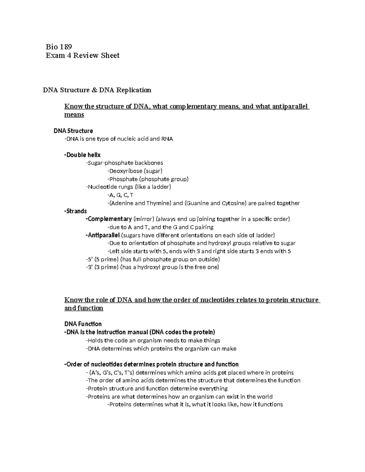 Bio 189 Exam 4 Review Sheet - Bio 189 Exam 4 Review Sheet DNA Structure ...