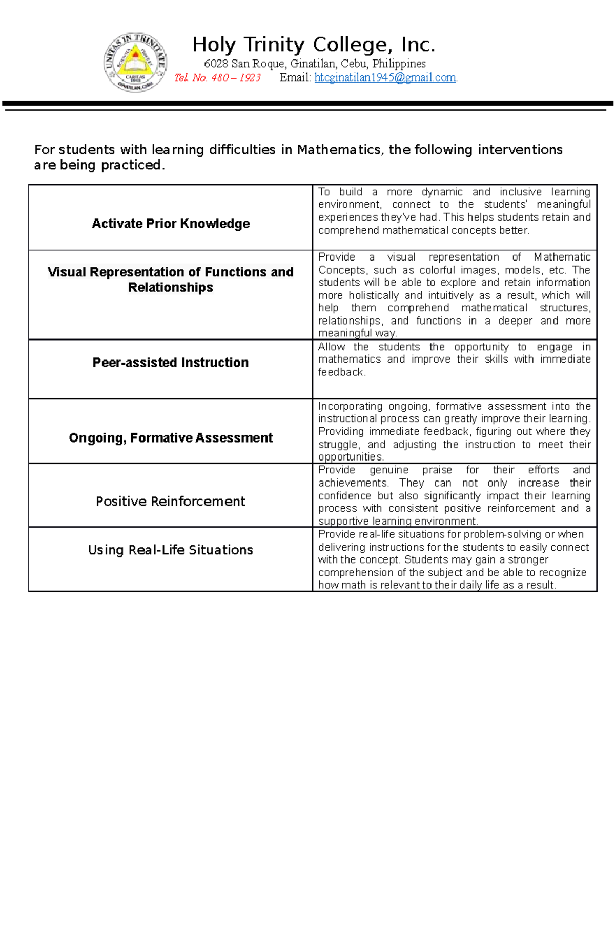 Math Intervention - Holy Trinity College, Inc. 6028 San Roque ...