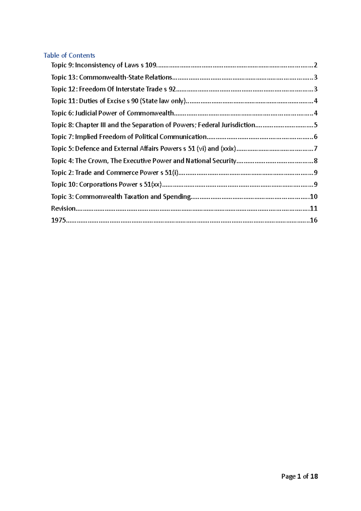 Notes - 06 ACL - Table of Contents Topic 9: Inconsistency of Laws s 109 ...