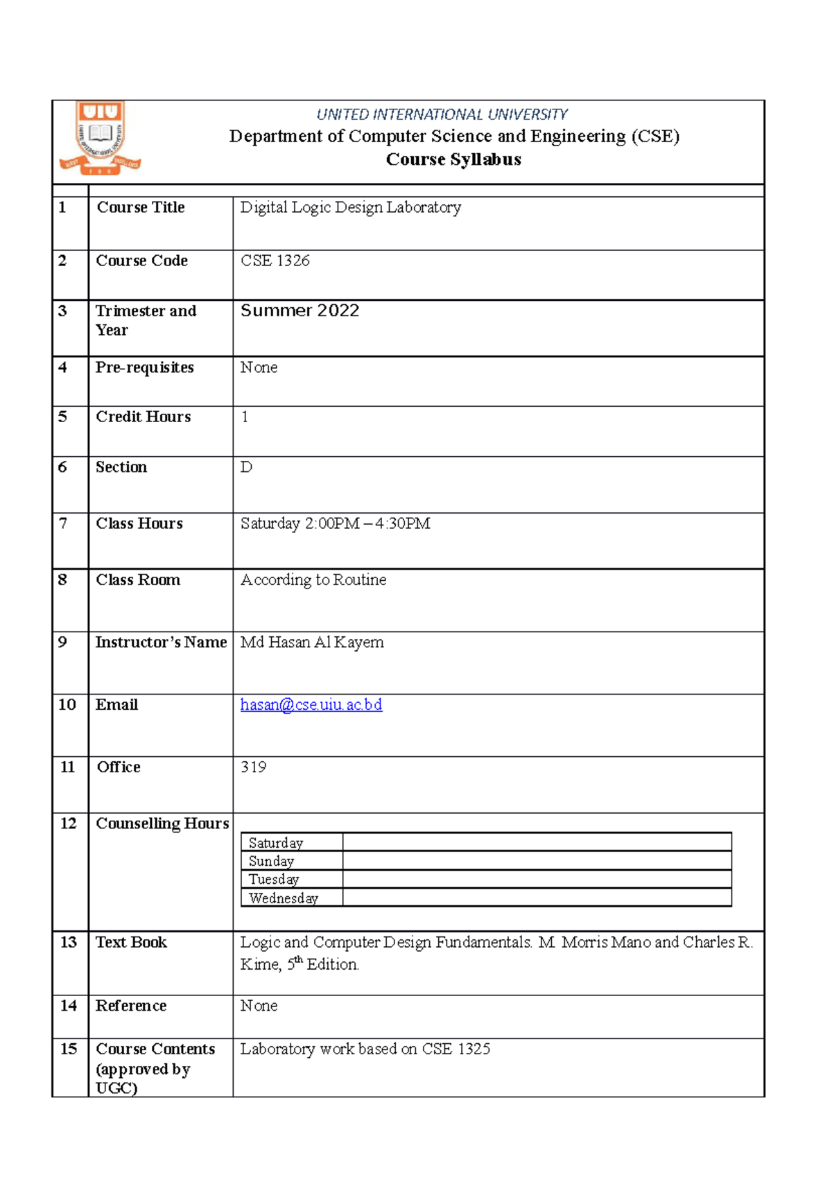 UIU-CSE-1326-Lab-Course Syllabus - Digital Logic Design - StuDocu