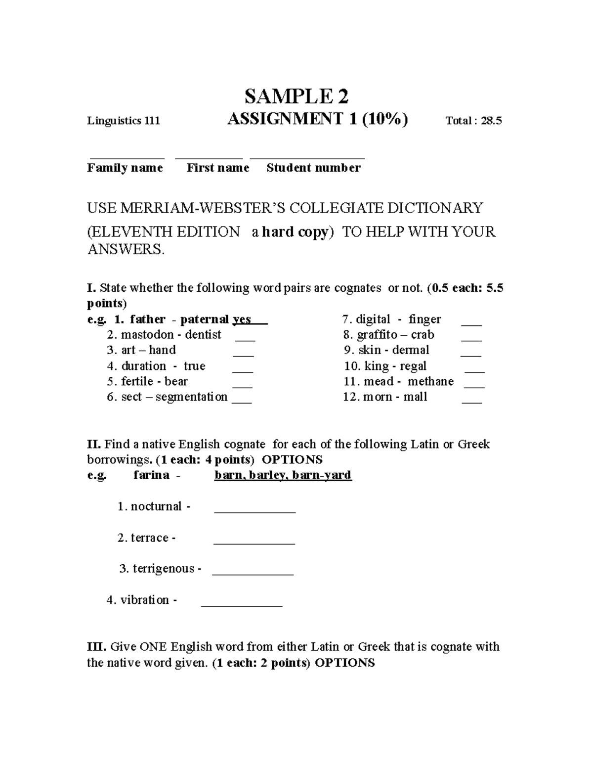 Sample/practice exam 2 March 2018, questions - SAMPLE 2 Linguistics 111 ...