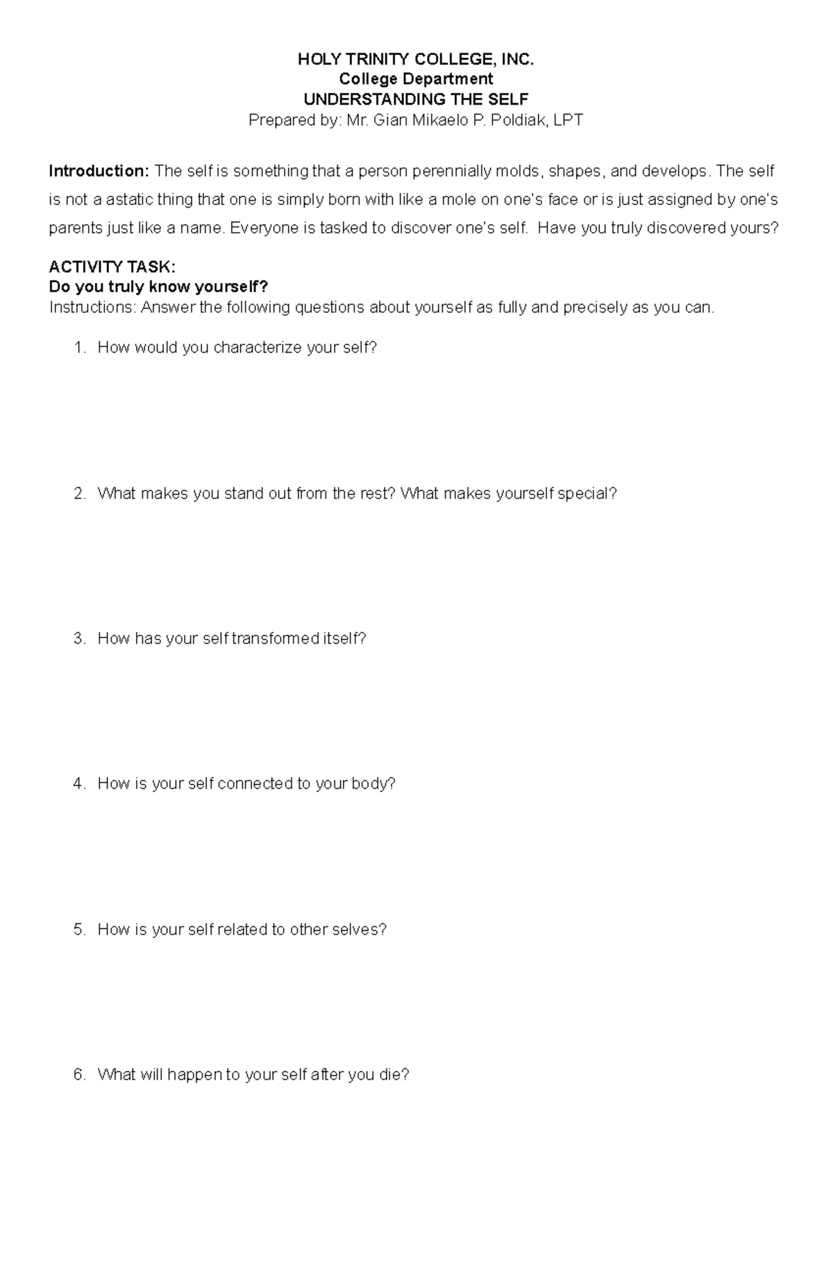 Understanding the Self Task 1 - HOLY TRINITY COLLEGE, INC. College ...