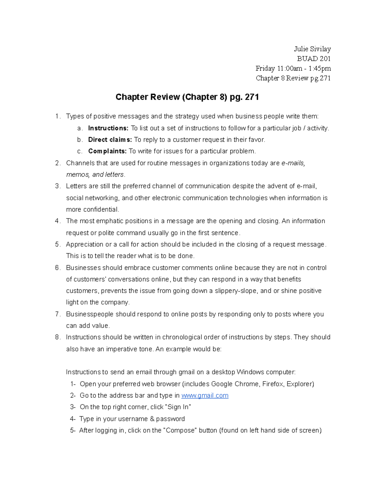 BUAD 201 Wk 5 Ch8 Review Exercises - Julie Sivilay BUAD 201 Friday 11 ...