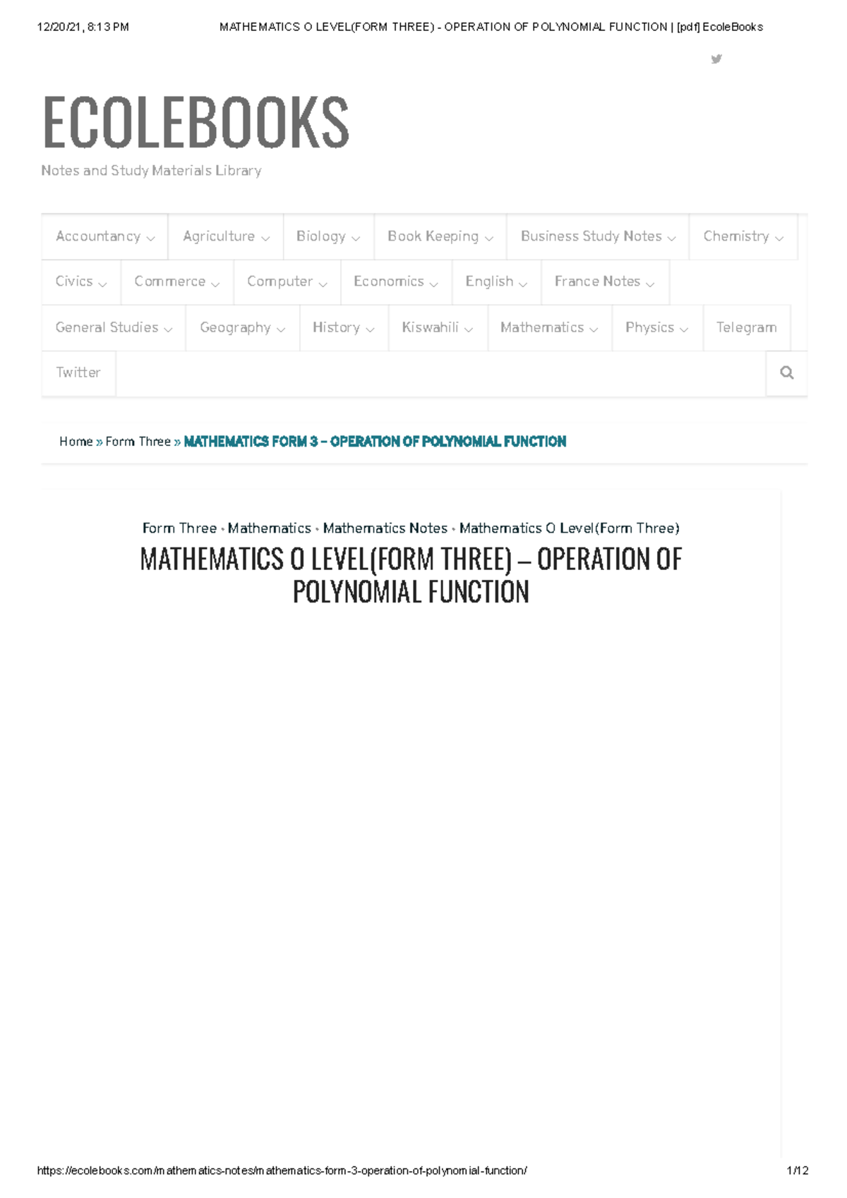 Mathematics - Operation OF Polynomial Function - Form Three ...