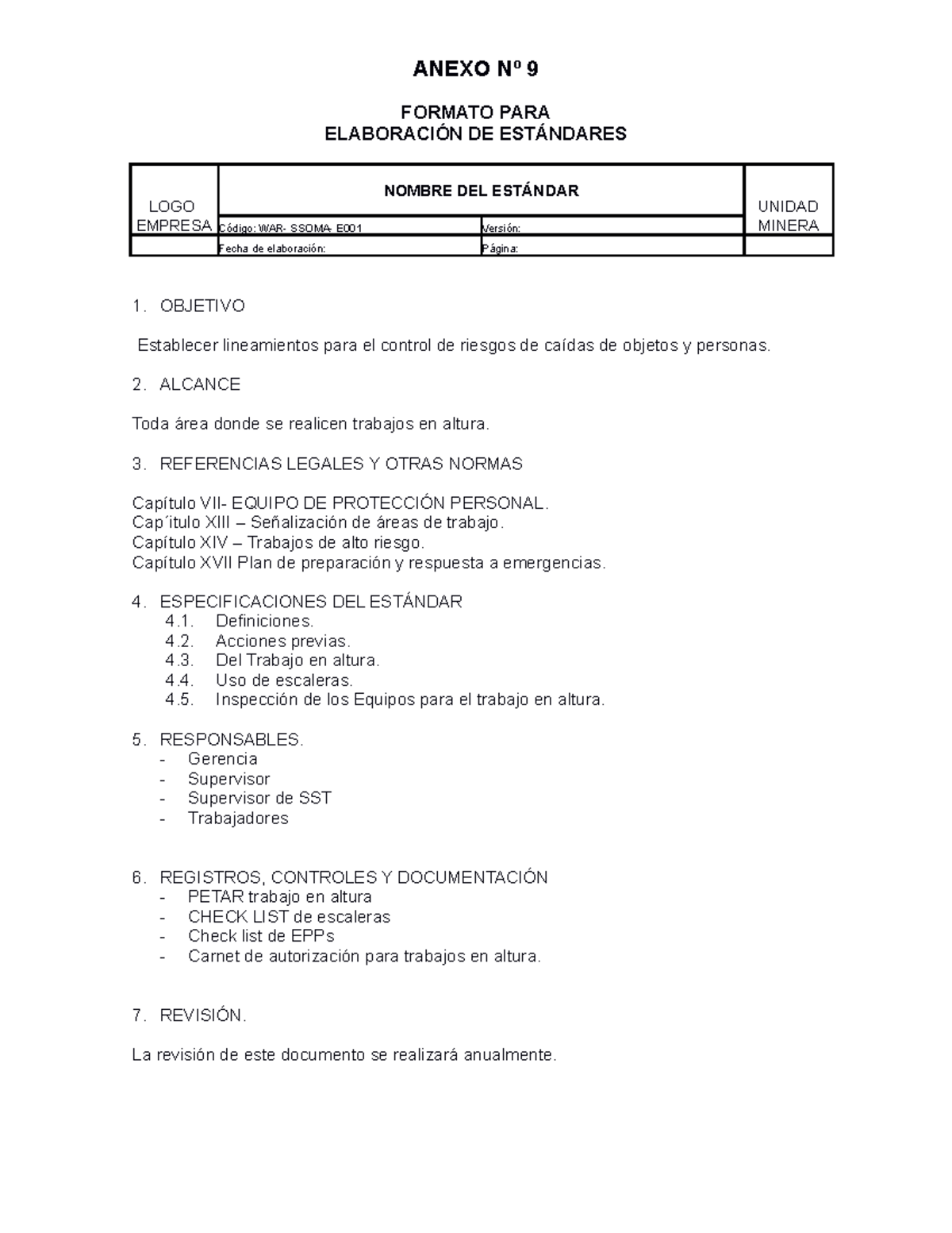 Anexo 9. ESTÁ Ndares - formato - ANEXO Nº 9 FORMATO PARA ELABORACIÓN DE ESTÁNDARES NOMBRE DEL ...