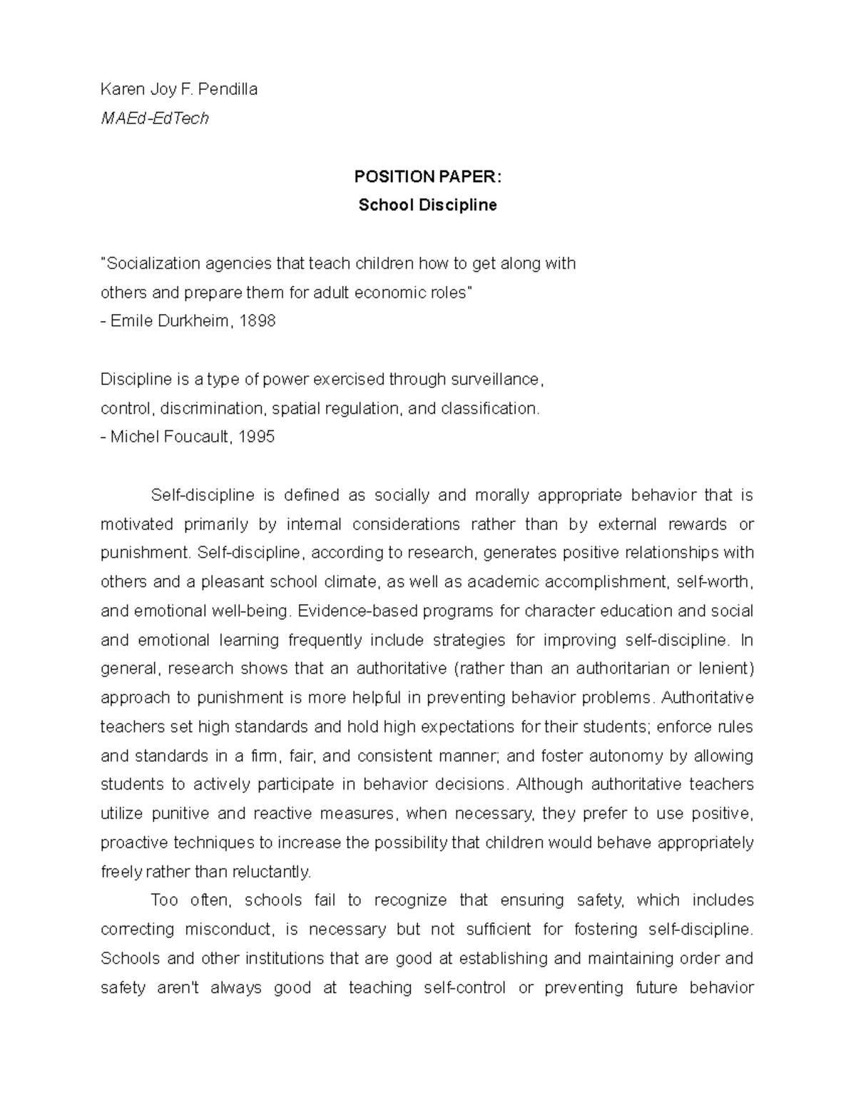 Position Paper - School Discipline - Karen Joy F. Pendilla MAEd-EdTech ...
