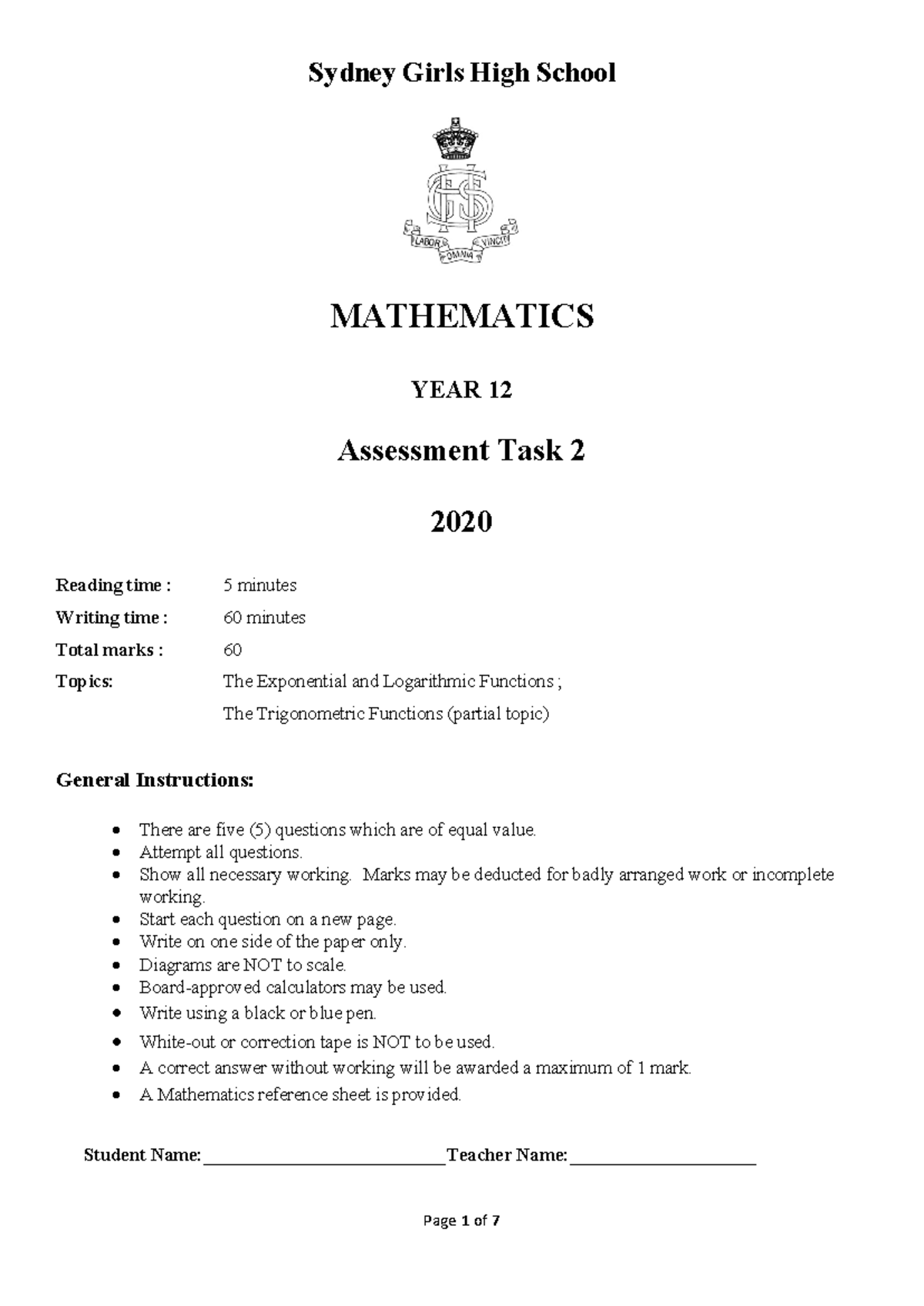 2020 Year 12 Mathematics Advanced Task 2 - Sydney Girls High School ...