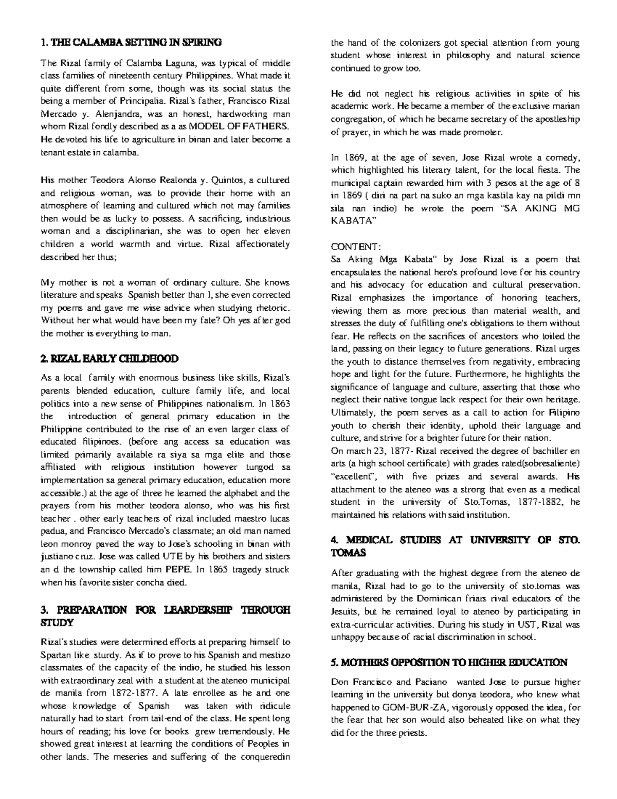 Rizal Chapter 3 Final - none - 1. THE CALAMBA SETTING IN SPIRING The ...