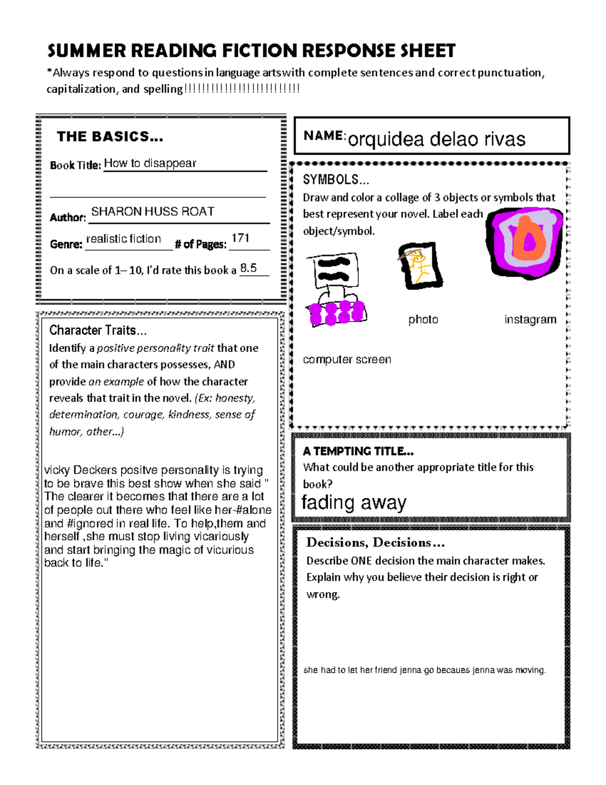 Summer Reading Fiction Response Sheet - SUMMER READING FICTION RESPONSE ...