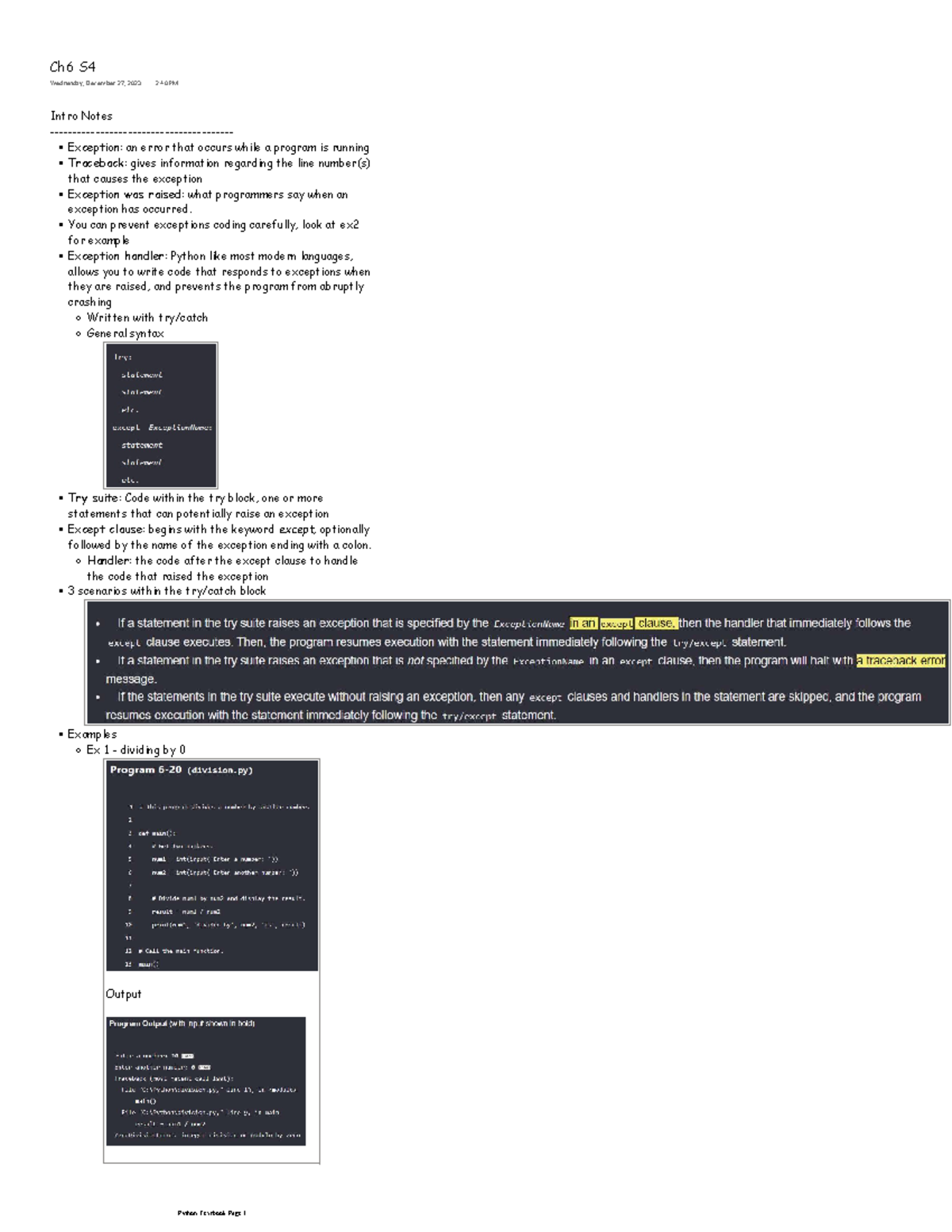 Ch6S4Notes - Notes. - Intro Notes - Exception: an error that occurs ...