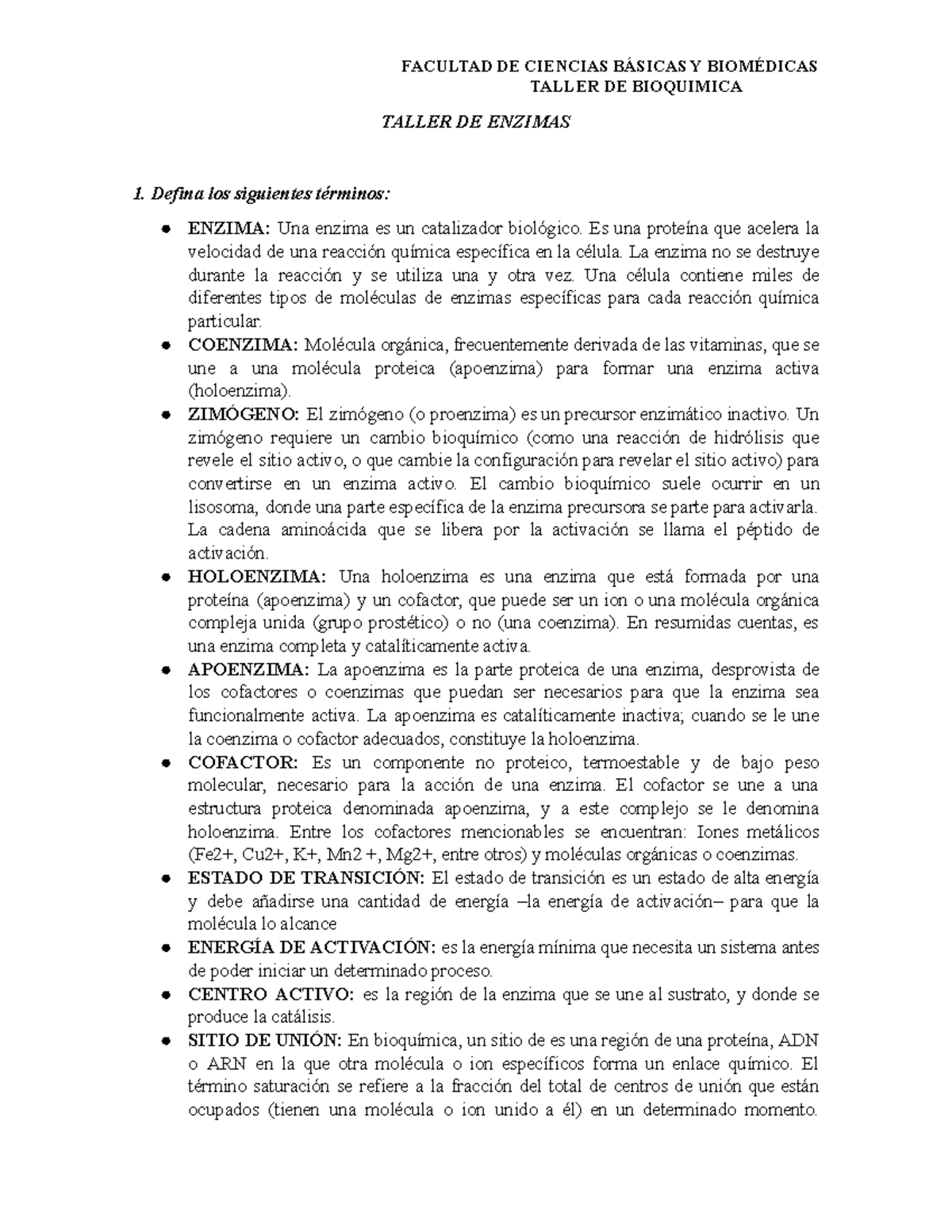 Enzima taller - Calidad - TALLER DE BIOQUIMICA TALLER DE ENZIMAS 1 ...