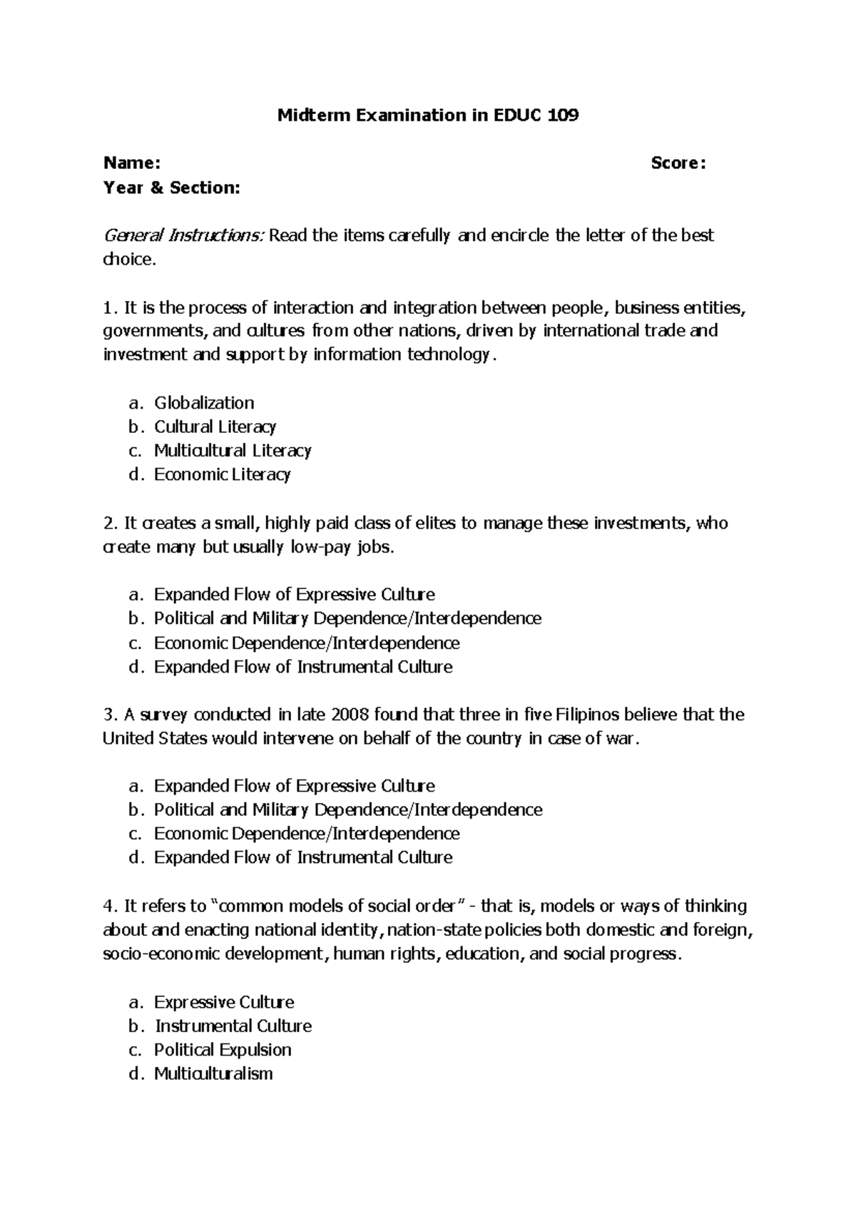 EDUC 109: Chapter 2 - Midterm Examination in EDUC 109 Name: Score: Year ...