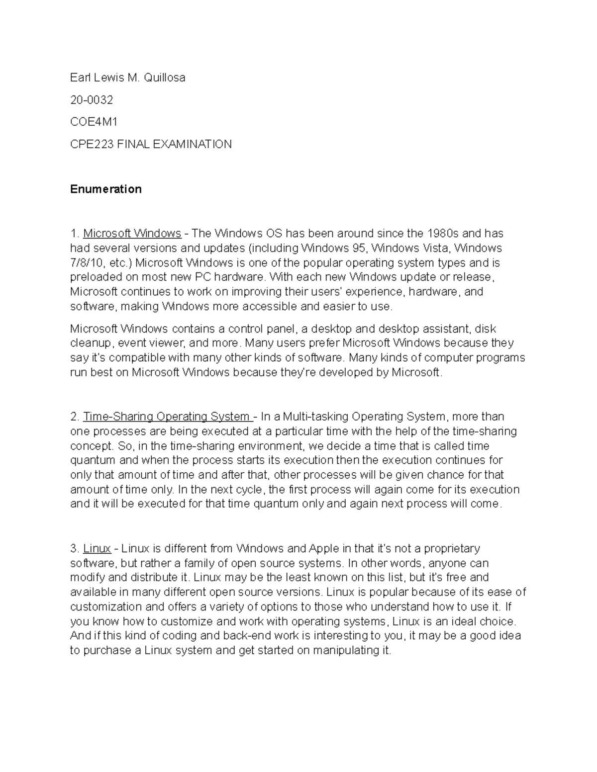 Quillosa CPE223 Final EXAM - Earl Lewis M. Quillosa 20- COE4M CPE223 ...
