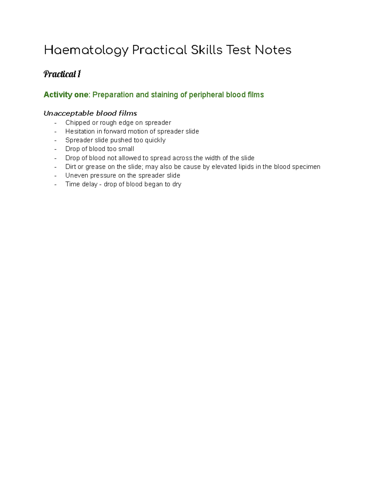 Haem prac test notes - Haematology Practical Skills Test Notes Practica ...