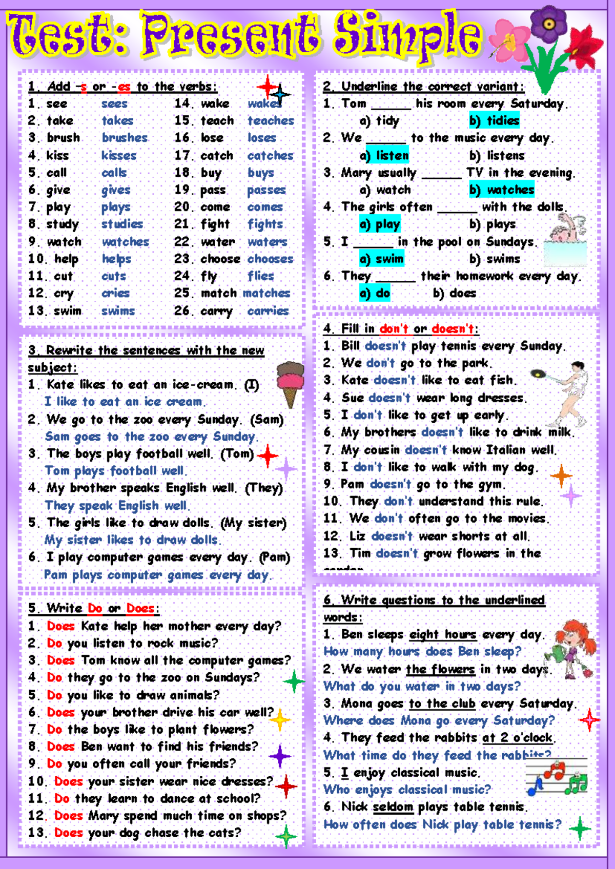 Simple Present Complete Exercises - Add – s or - es to the verbs: see ...