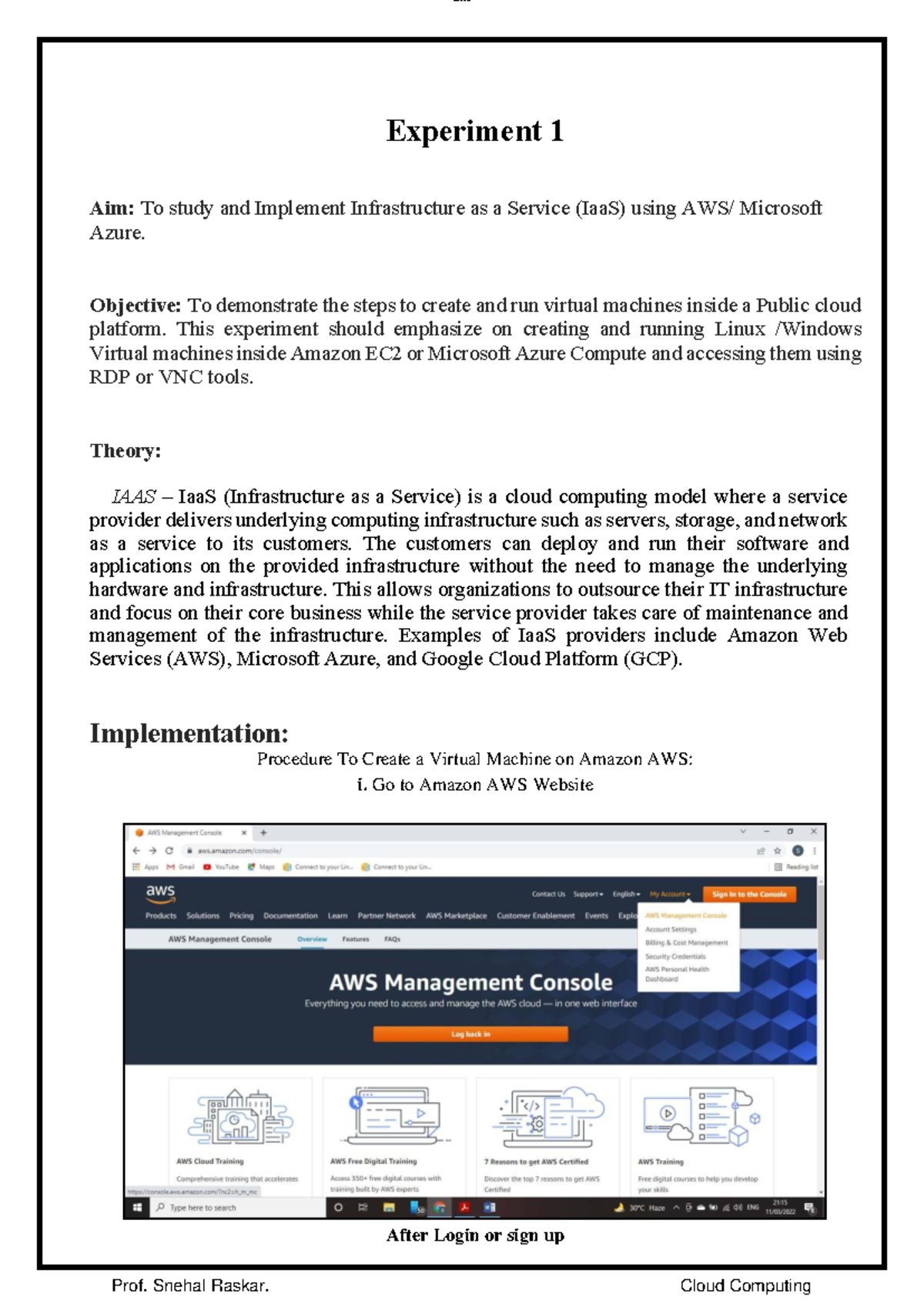 CC Exp1 - Cloud computing experiment - Experiment 1 Aim: To study and Implement Infrastructure ...