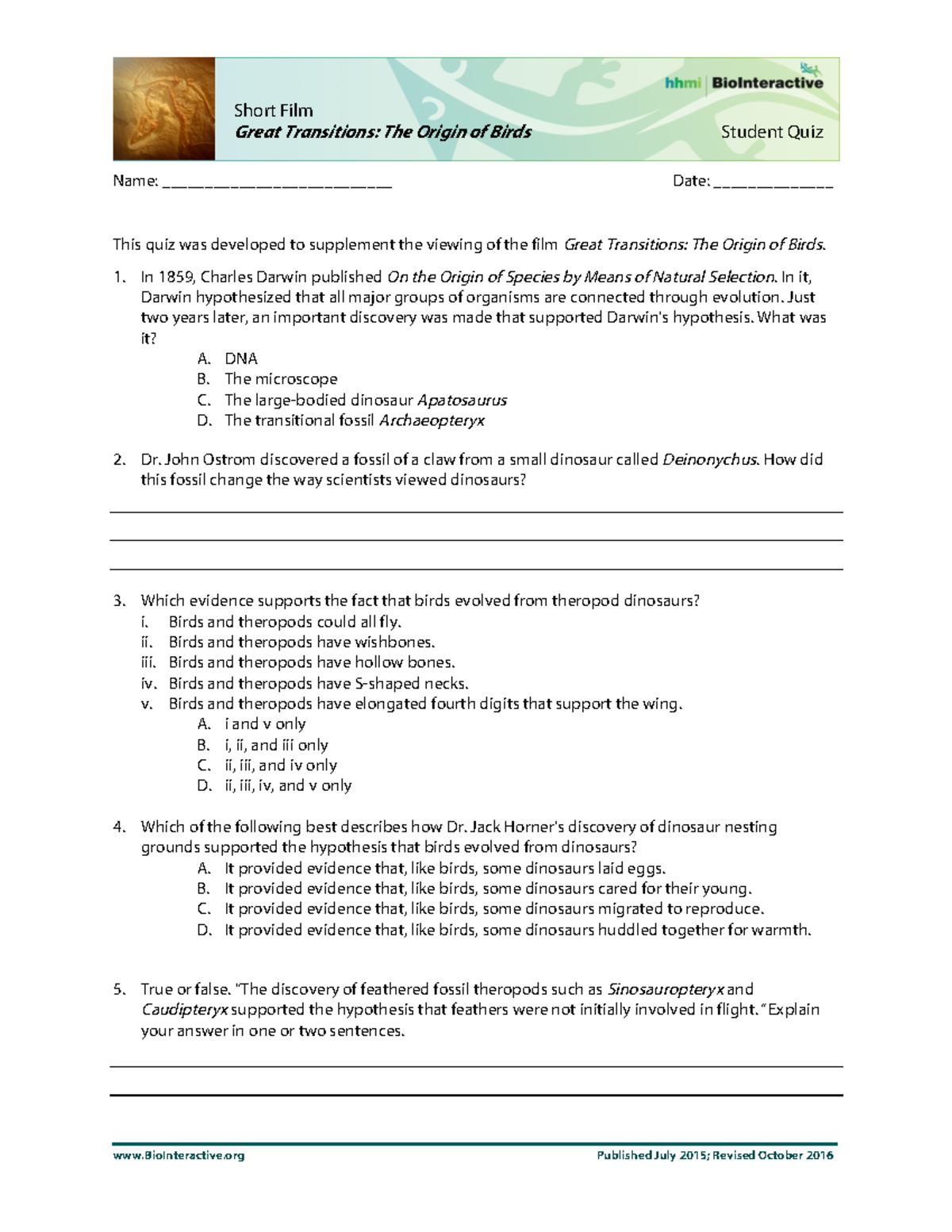 Hasan Welch - IDG-Quiz-Origin-of-Birds - ! BioInteractive Published ...