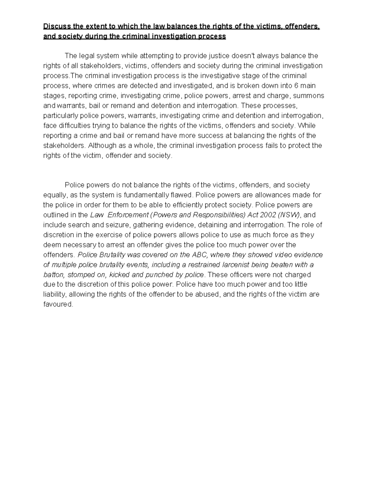2019 LS Crime essay ...which the law balances the rights of the victims ...