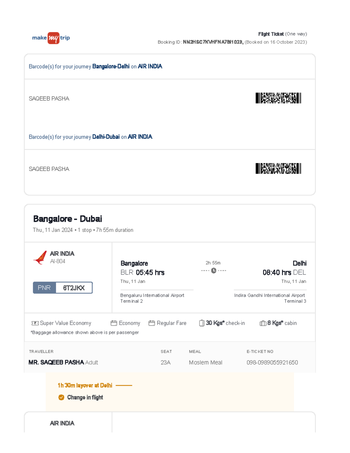 Saqib Flight Ticket - Delhi AIR INDIA AI- Bangalore BLR 05:45 hrs Thu, 11 Jan Bengaluru - Studocu