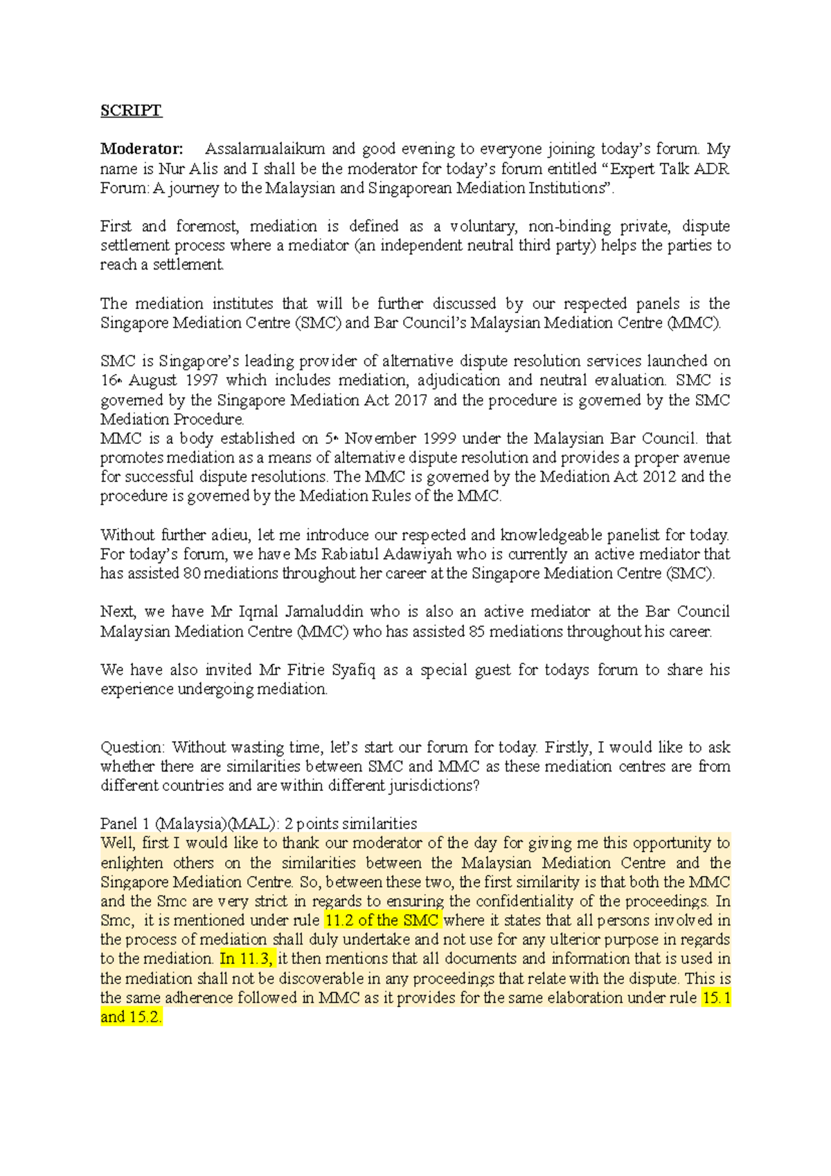 Script - Singapore Mediation Centre (SMC) and Bar Council’s Malaysian ...