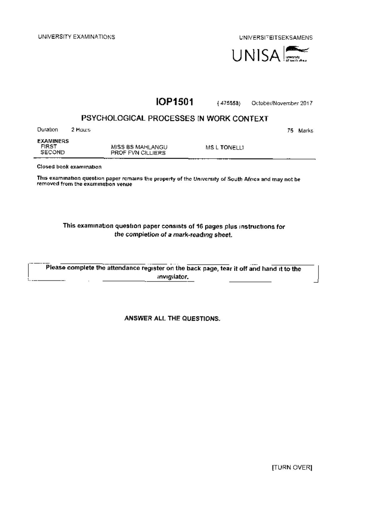 Exam 10 October 2017 - UNIVERSITY EXAMINATEONS UNIVERSITEITSEKSAMENS ﬁg ...