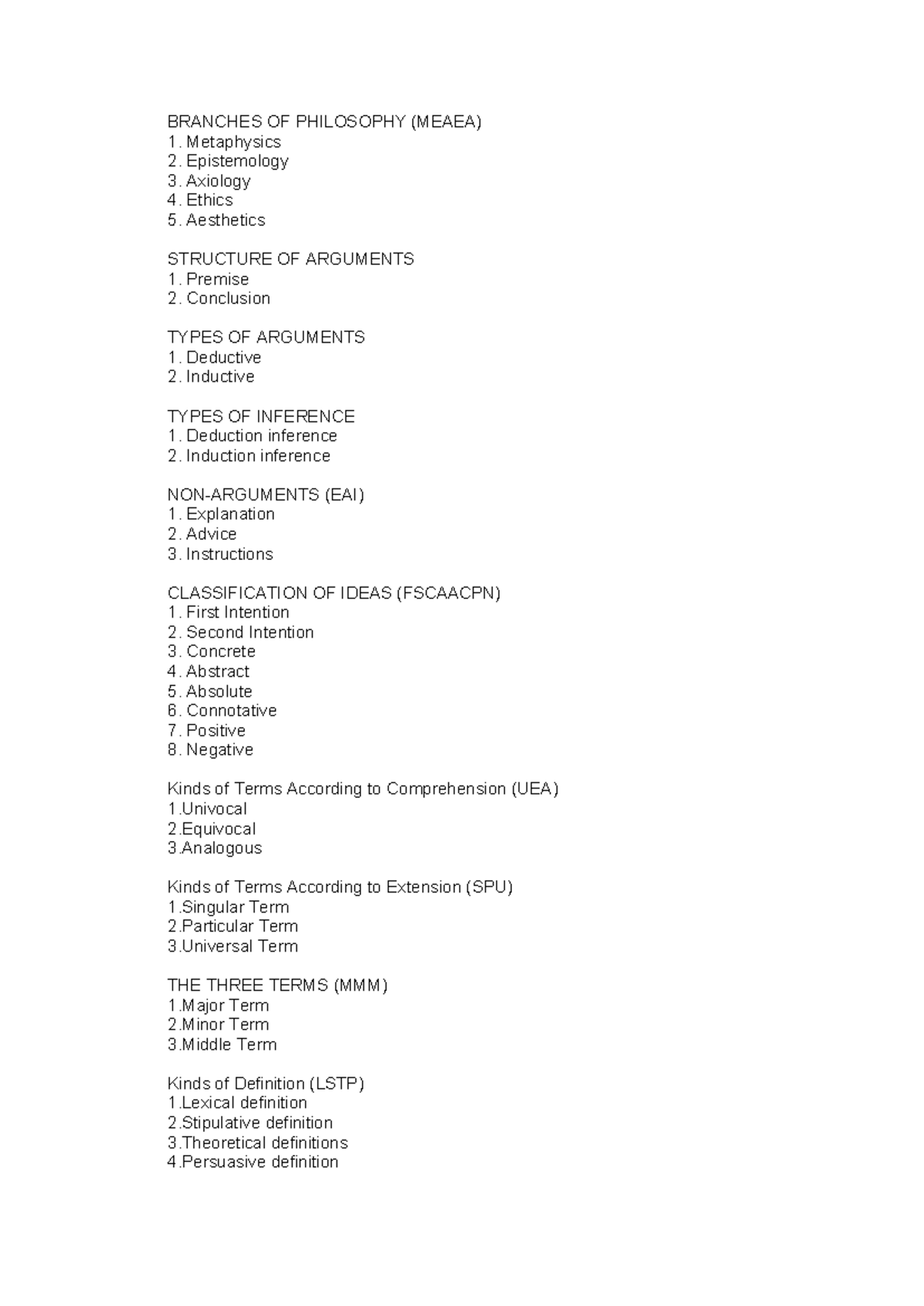 Logic Midterm 2 - BRANCHES OF PHILOSOPHY (MEAEA) 1. Metaphysics 2 ...