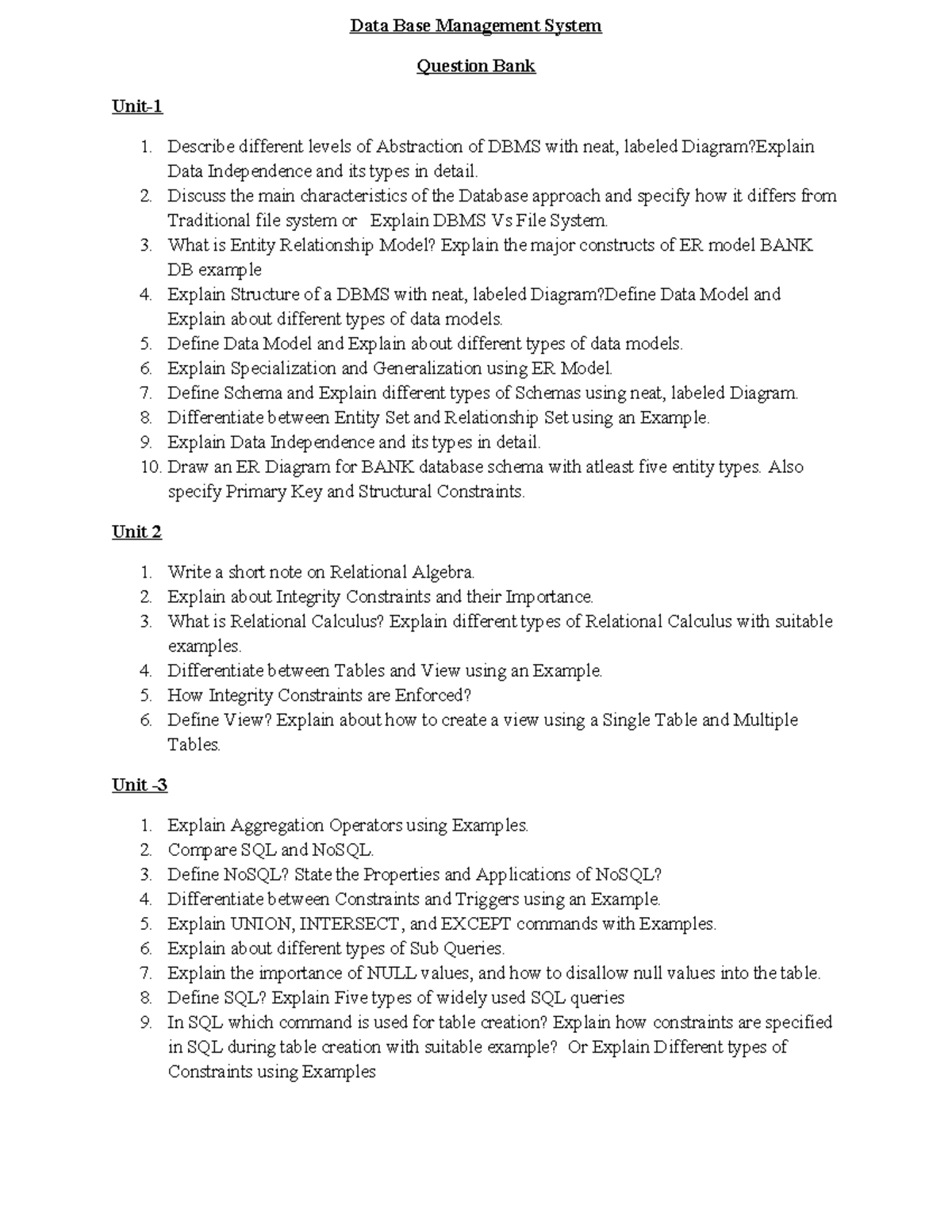 DBMS IMP Questions UNIT WISE - Data Base Management System Question Bank Unit- Describe ...