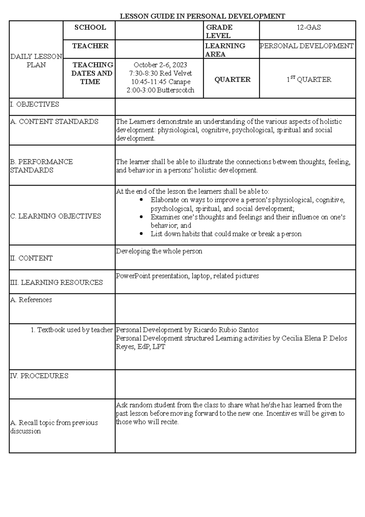 DLL Lesson 2 Q1 - LESSON GUIDE IN PERSONAL DEVELOPMENT DAILY LESSON ...