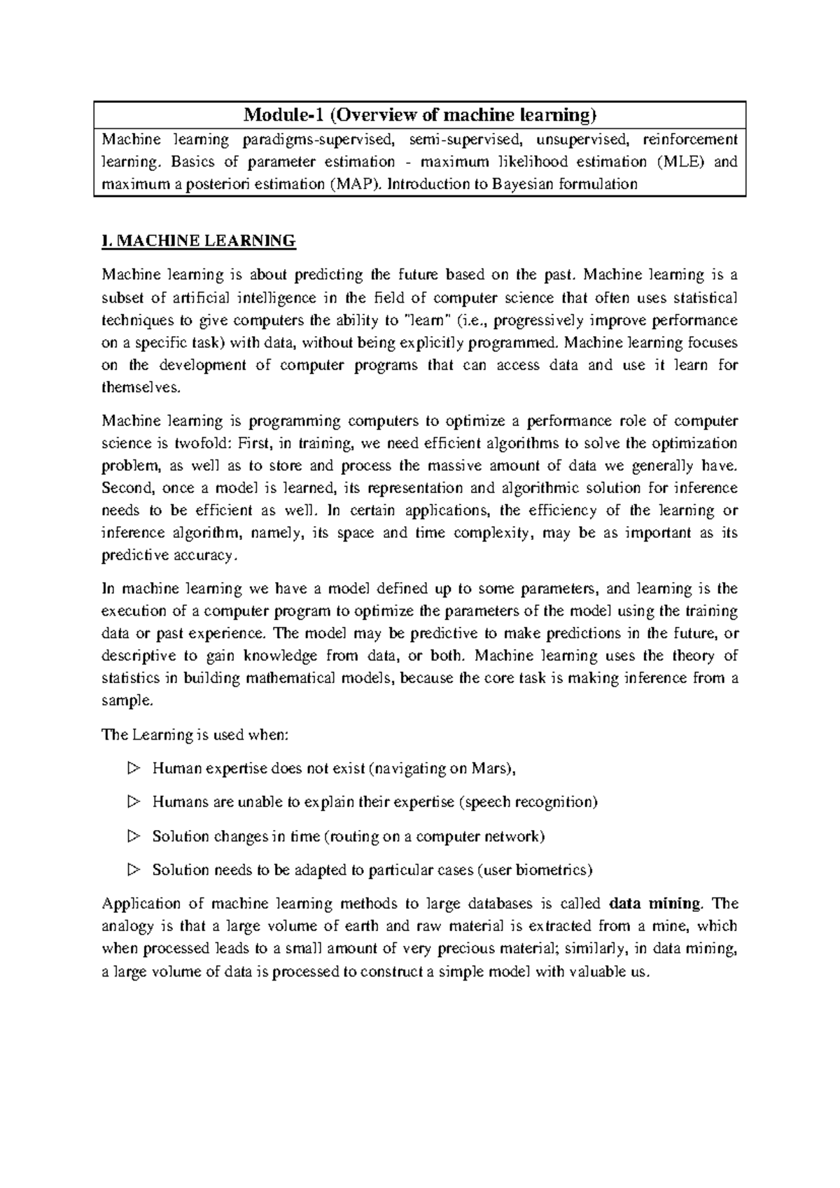 Module 1 ML - Module-1 (Overview of machine learning) Machine learning paradigms-supervised ...