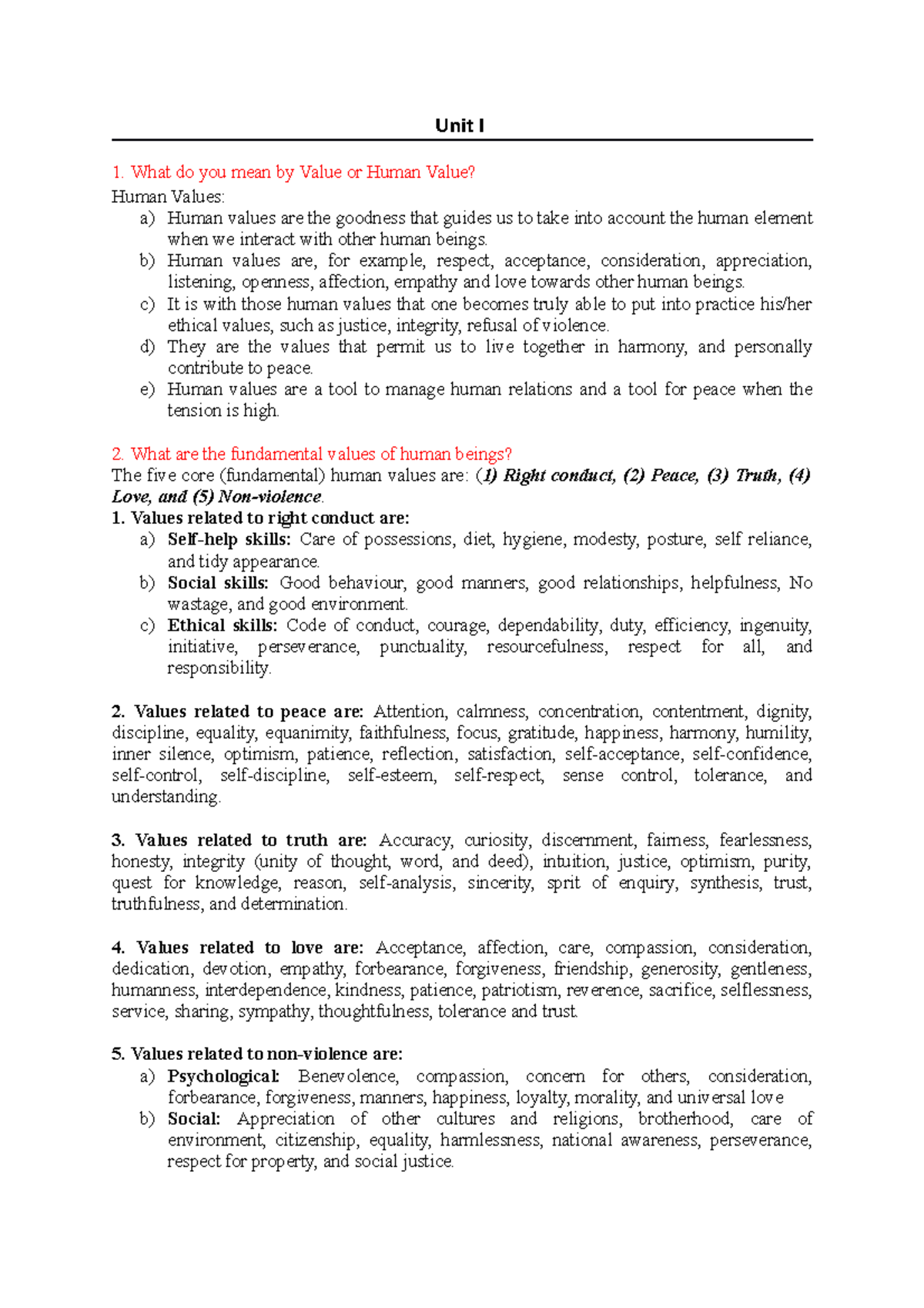 UHV Unit I - Unit I What do you mean by Value or Human Value? Human ...