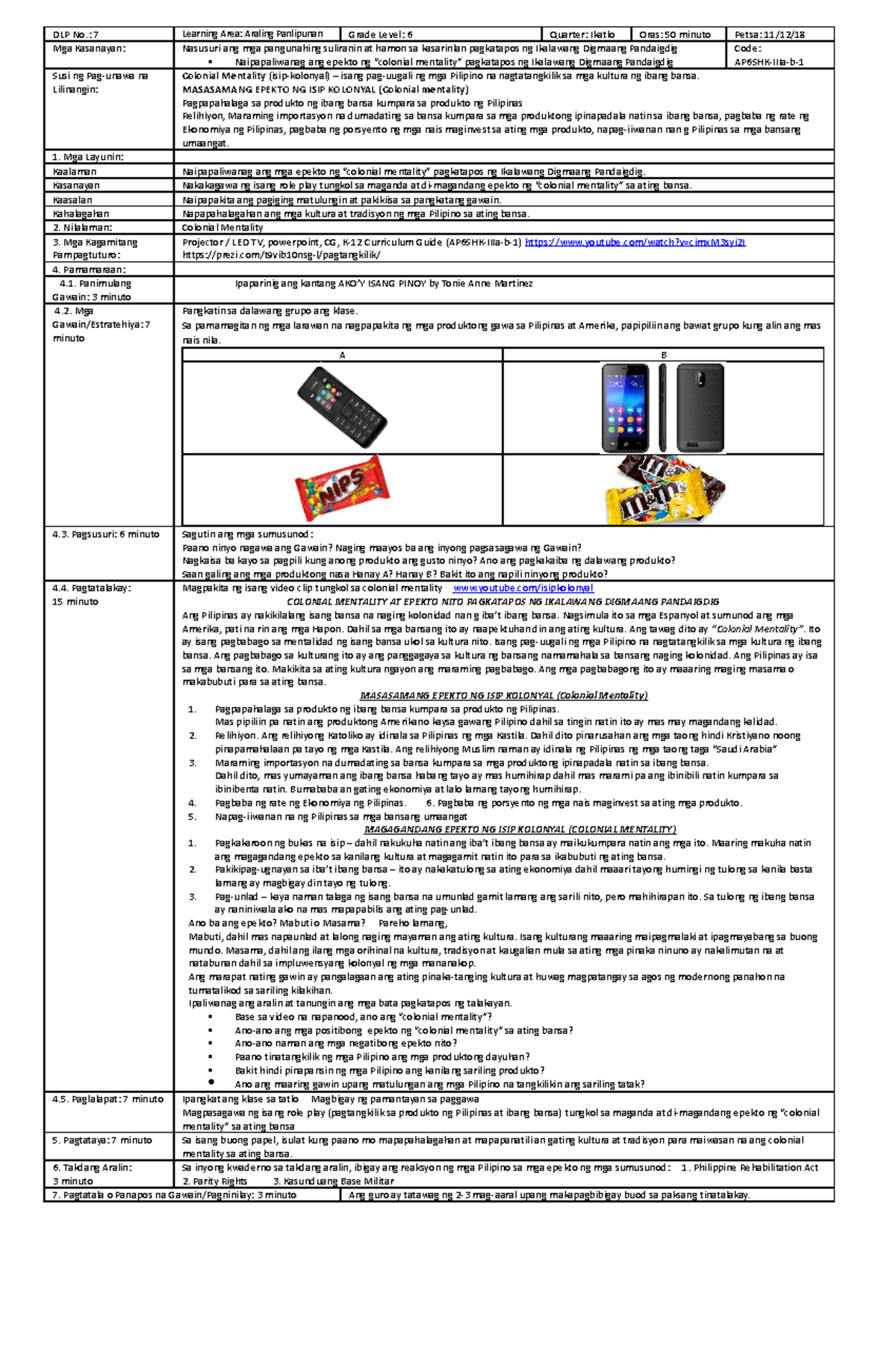 AP DLP - none - DLP No.: 7 Learning Area: Araling Panlipunan Grade ...
