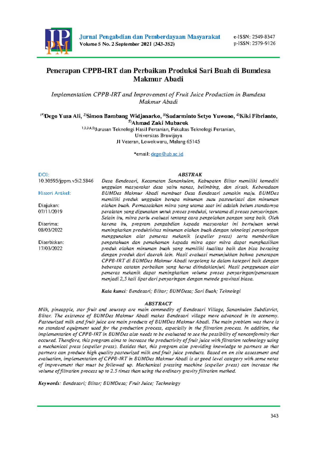5846 35979 1 PB - hjhk - 343 Jurnal Pengabdian dan Pemberdayaan Masyarakat Volume 5 No. 2 ...