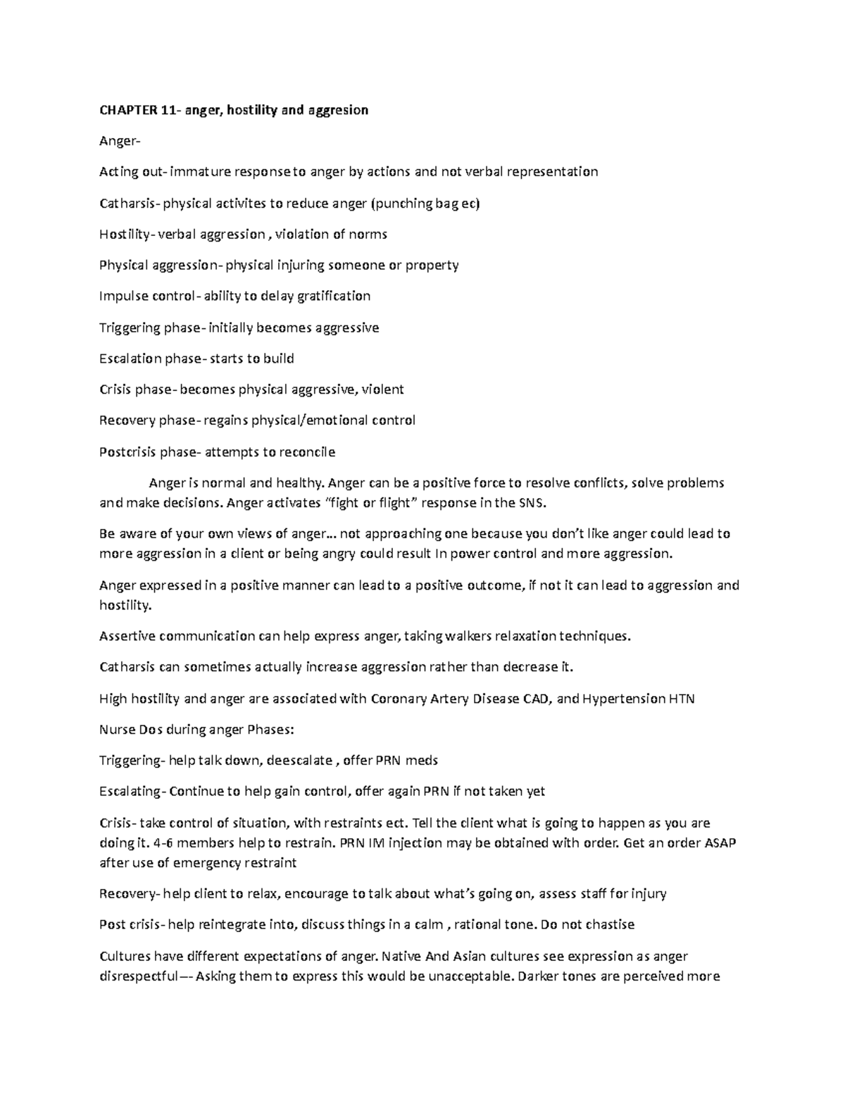 Chapter 11-18 - notes - CHAPTER 11- anger, hos琀椀lity and aggresion ...