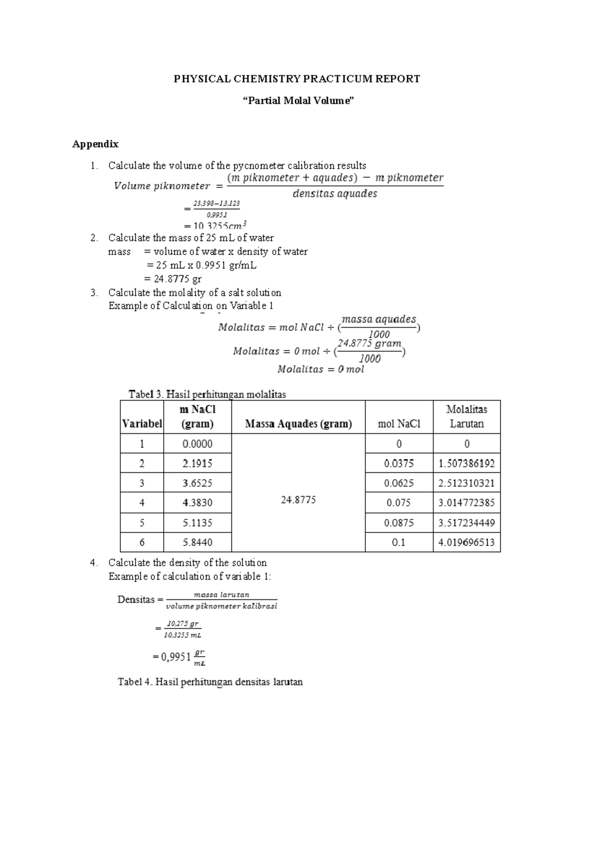 Physical Chemistry Practicum Report Partial Molal Volume - Appendix ...