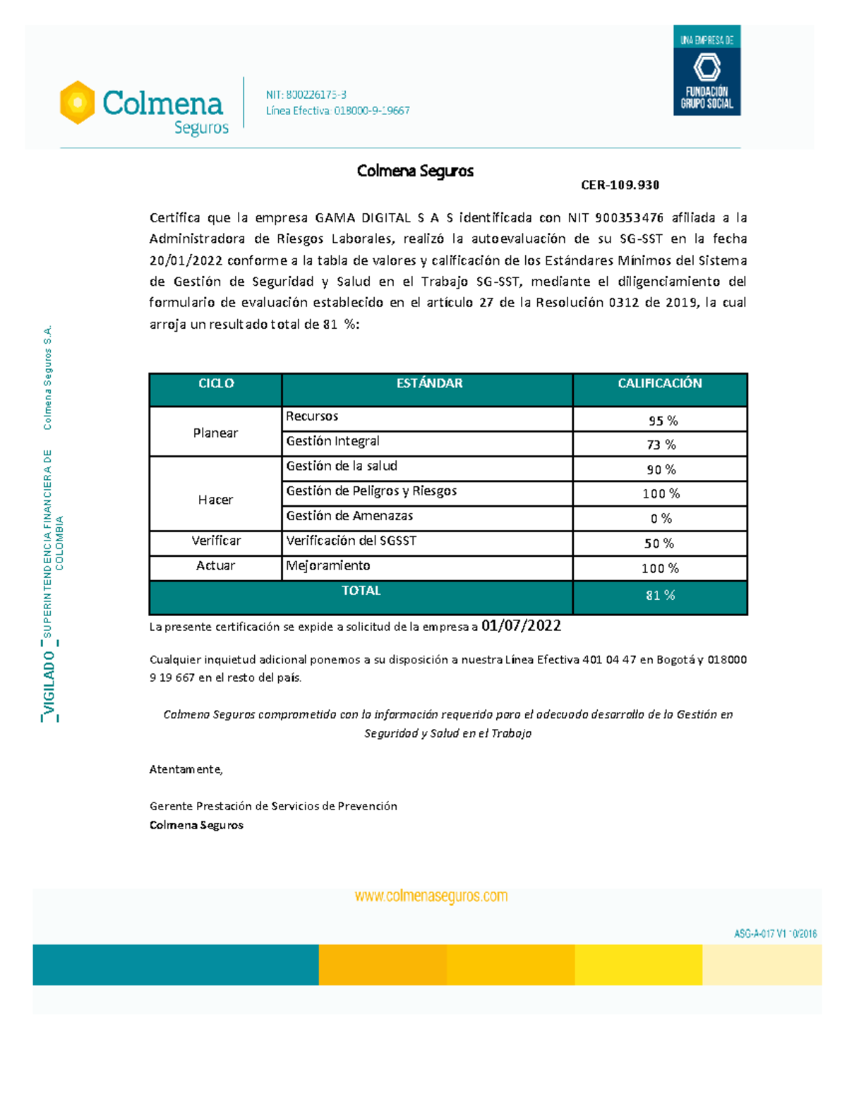 Documento estandares minimos sst - VIGILADO SUPERINTENDENCIA FINANCIERA DE COLOMBIA Colmena ...