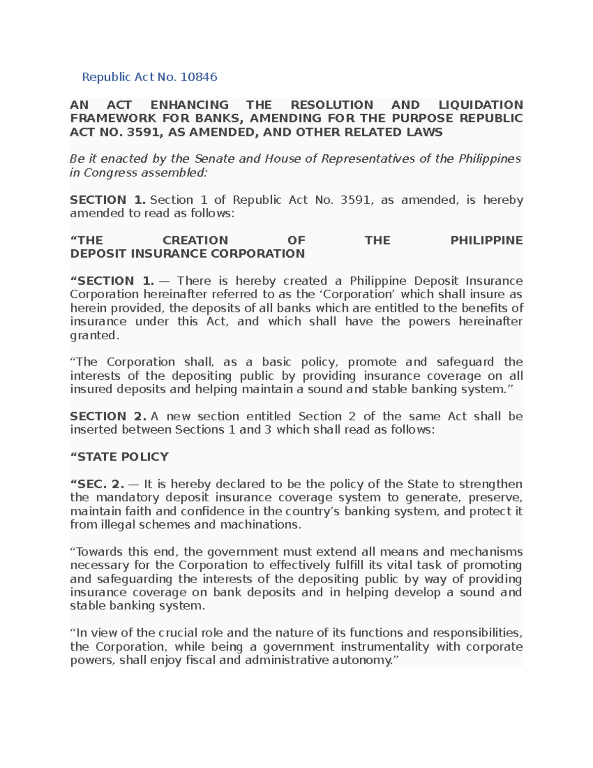 PDIC - PDIC LAW - Republic Act No. 10846 AN ACT ENHANCING THE ...