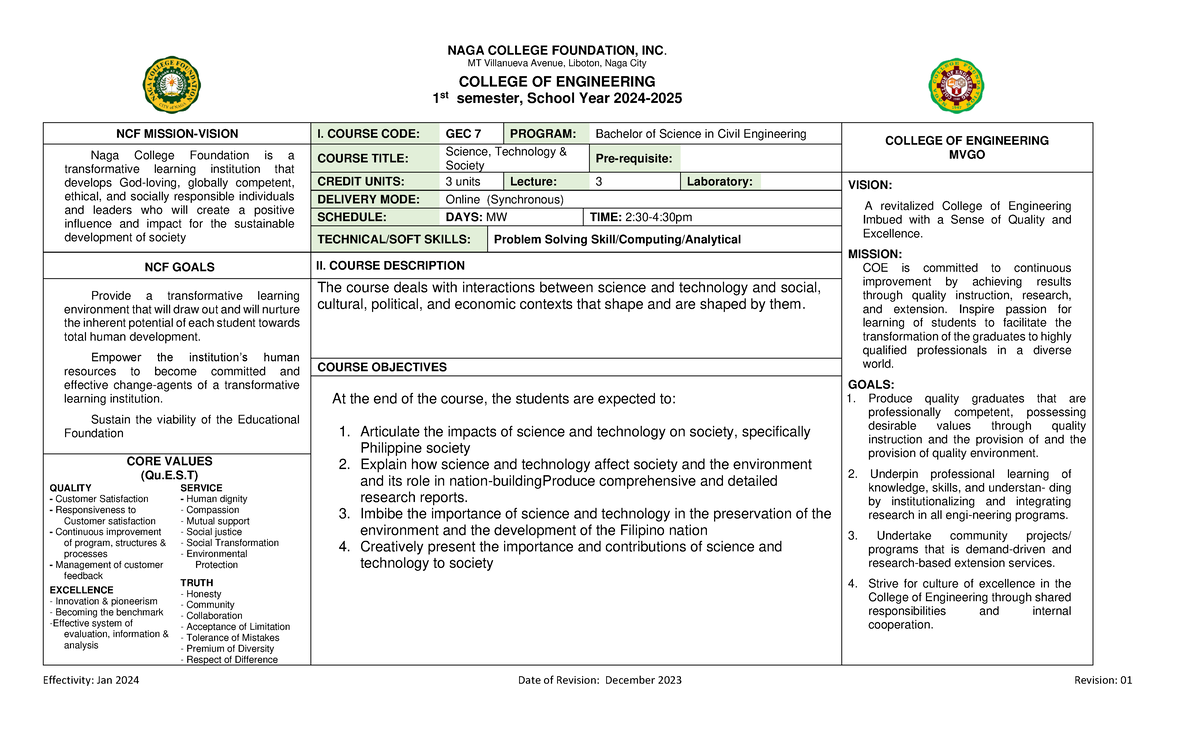 STS CE1A-S - Syllabus - NAGA COLLEGE FOUNDATION, INC. MT Villanueva ...