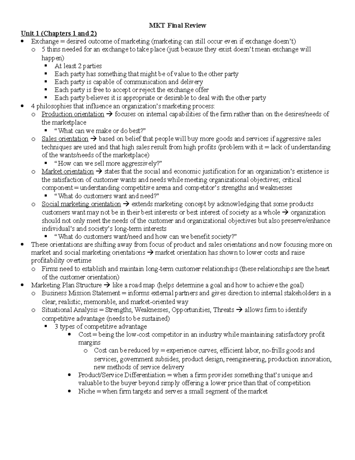 MKT Final Review - MKT Final Review Unit 1 (Chapters 1 and 2) Exchange = desired outcome of ...