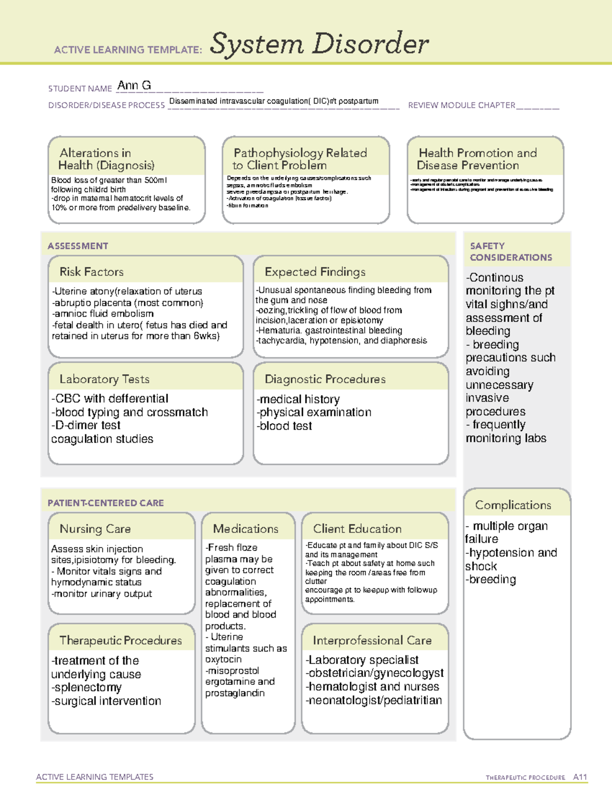 System disorde DIC postpartum pt - ACTIVE LEARNING TEMPLATES ...