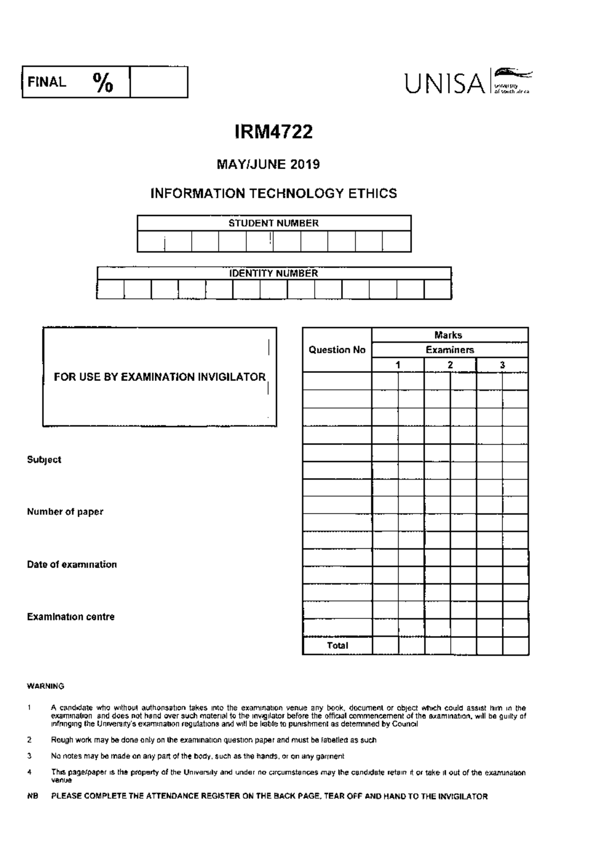 IRM4722 2019 6 E 1 - Assignment - IRM4722 - Studocu