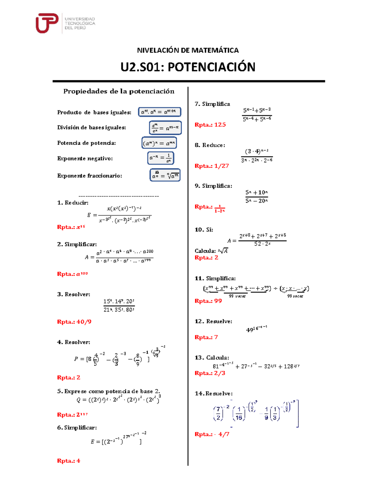 U2 S01 - Potenciación - 8 ሻ NIVELACIÓN DE MATEMÁTICA U2: POTENCIACIÓN ...