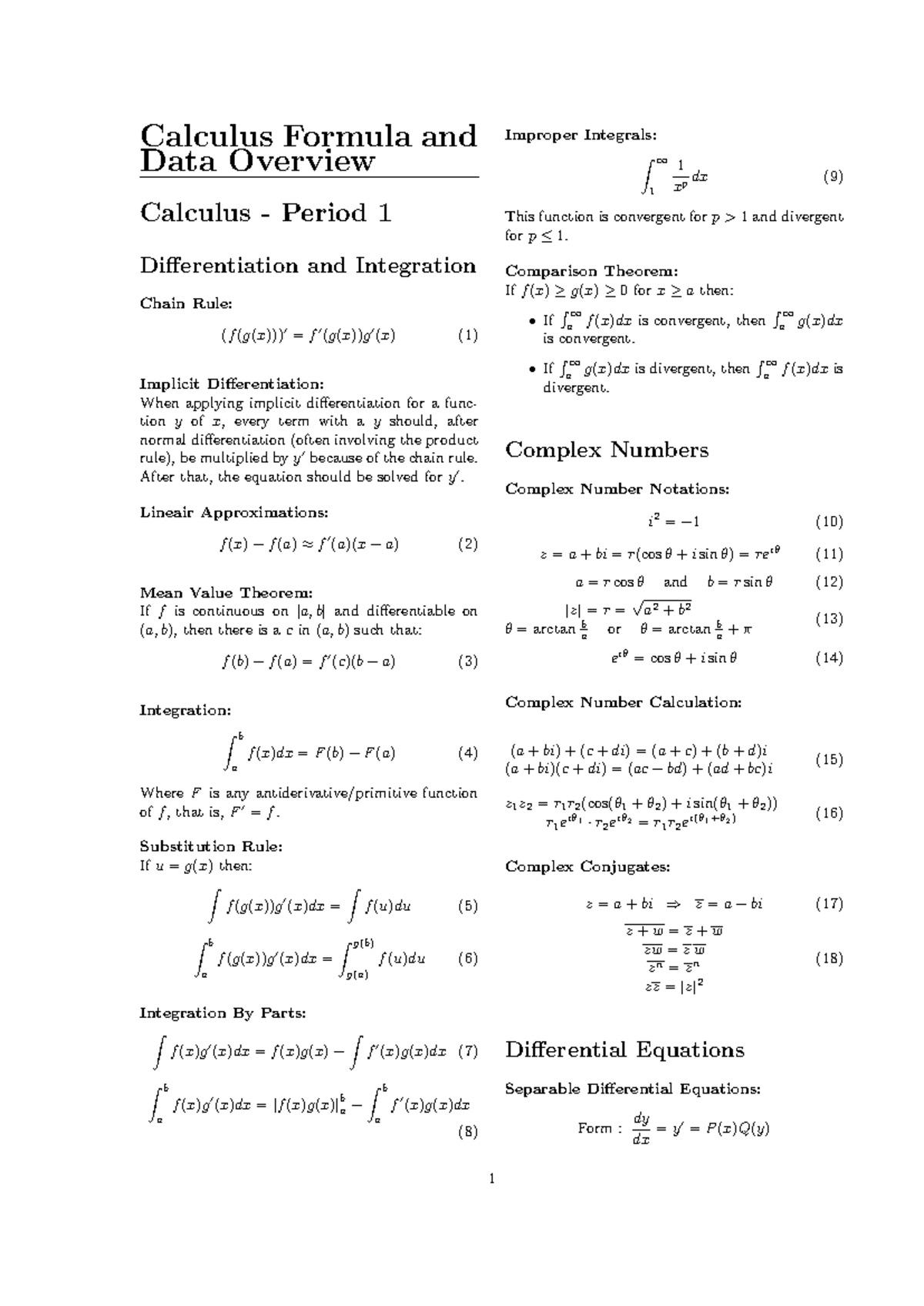 Formula & data overview - Calculus Formula and Data Overview Calculus ...