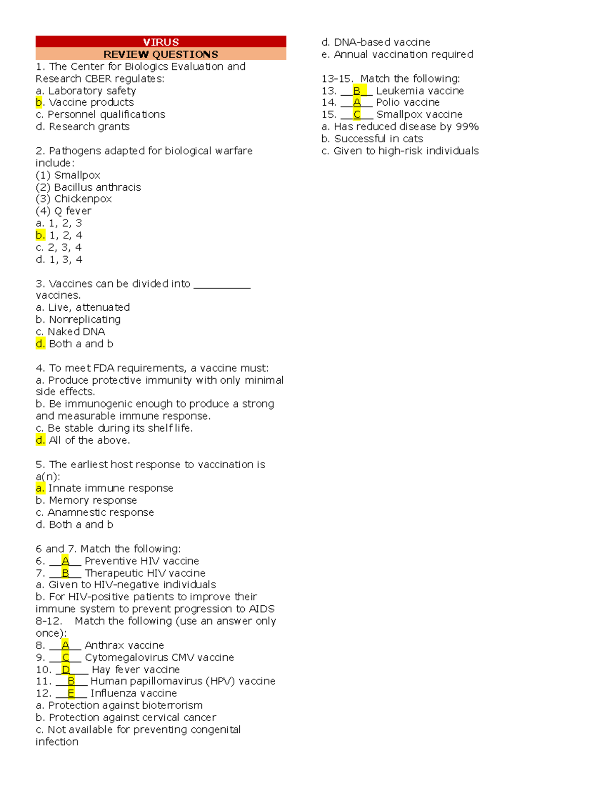 Virus - LECTURE - VIRUS REVIEW QUESTIONS The Center for Biologics ...