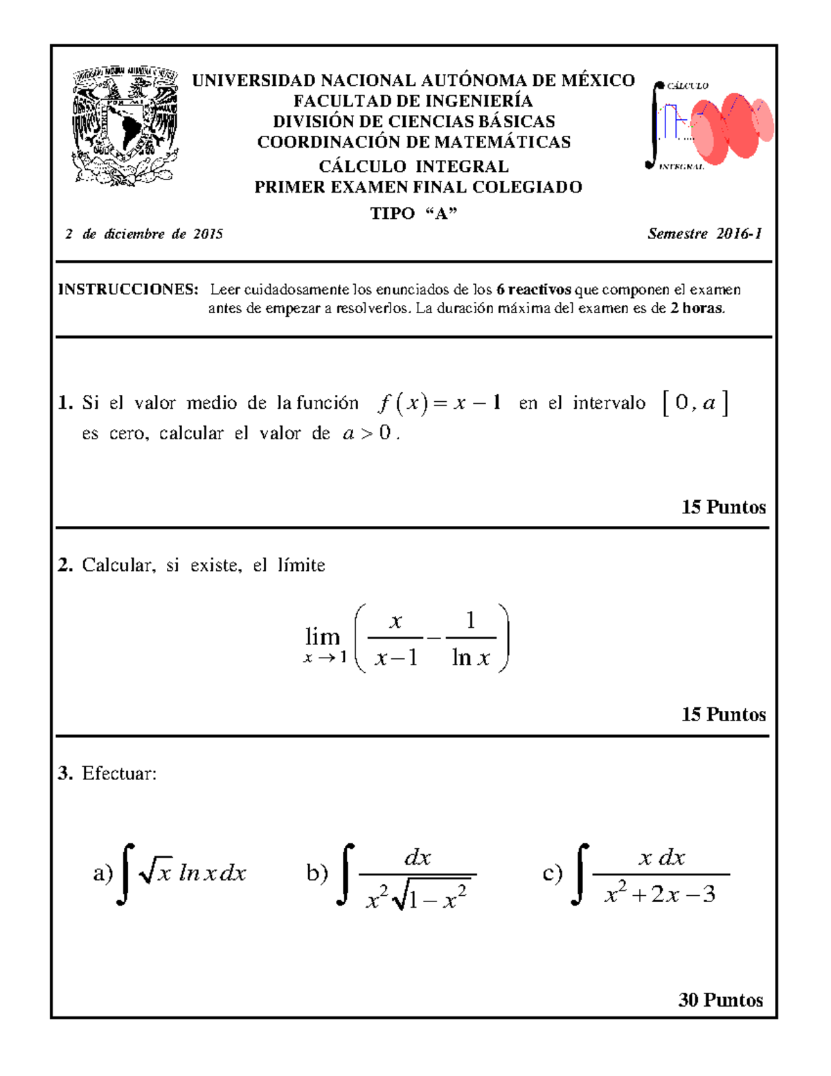 Primer Examen Final de cálculo integral 2016 primera vuelta tipoA ...