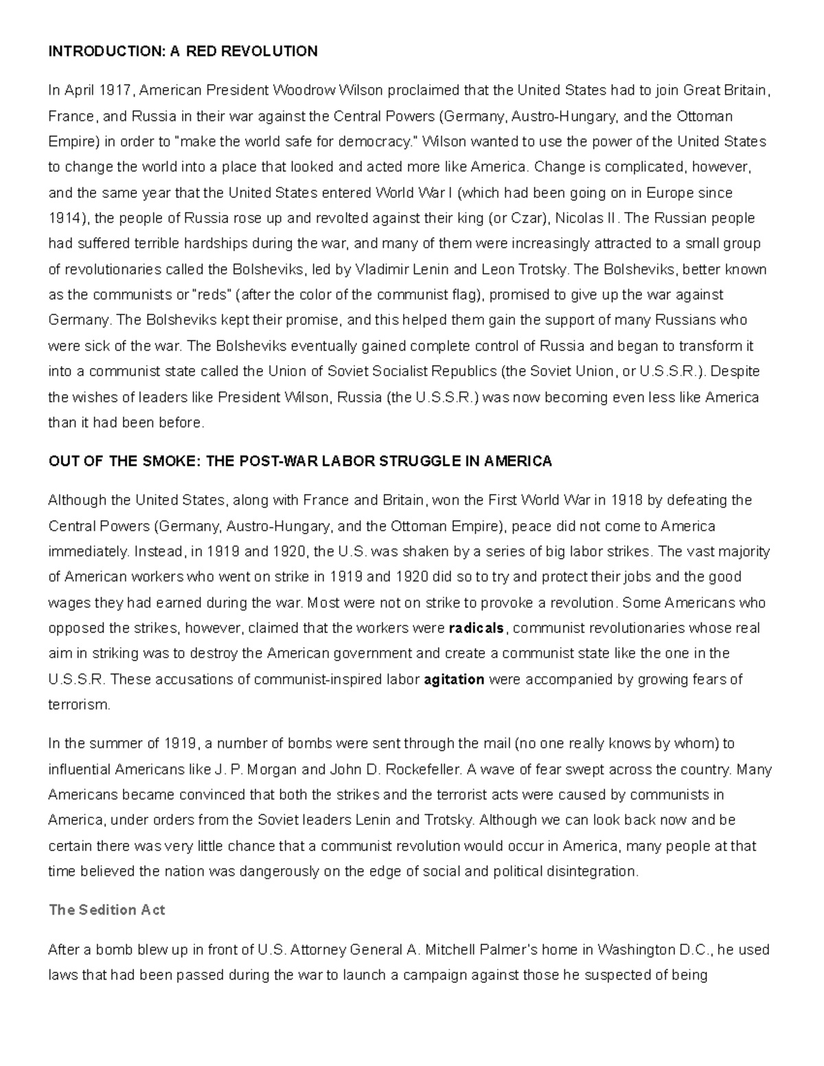 Palmer raids - INTRODUCTION: A RED REVOLUTION In April 1917, American ...