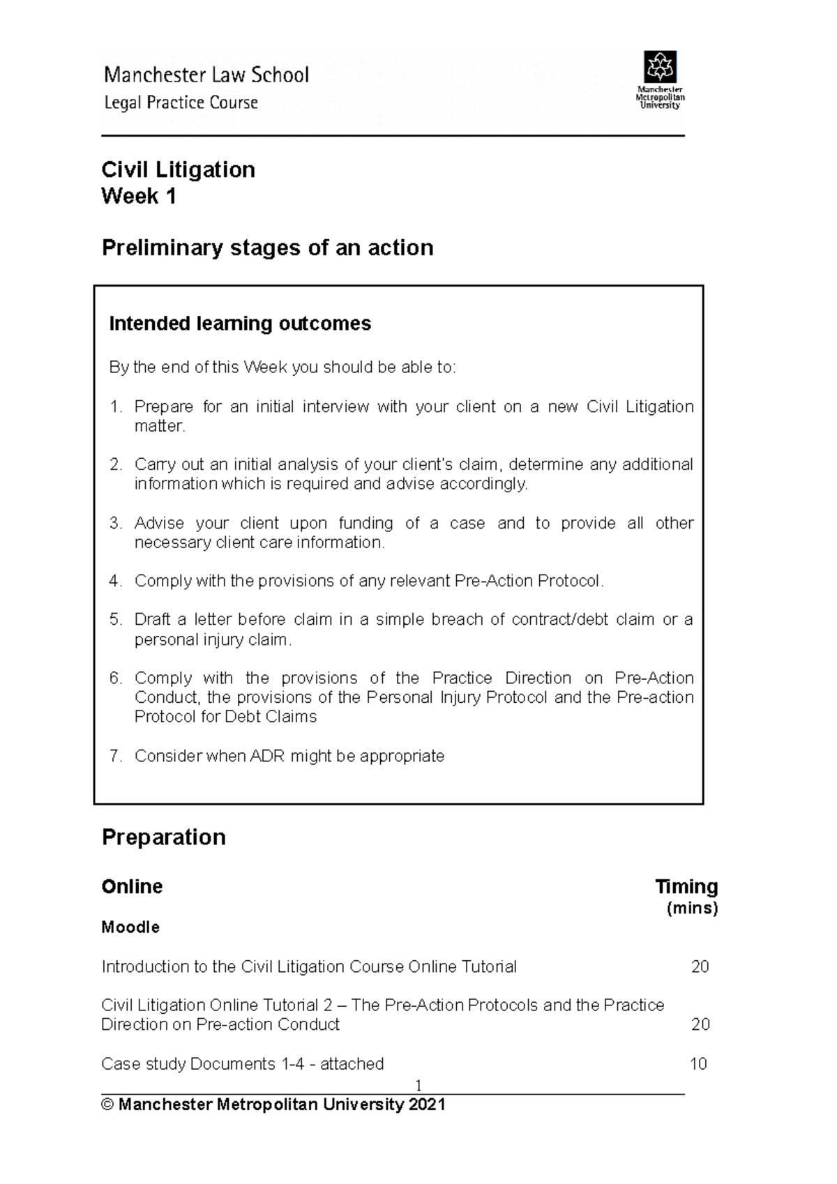 Preliminary stages of an action workshop - Civil Litigation Week 1 ...