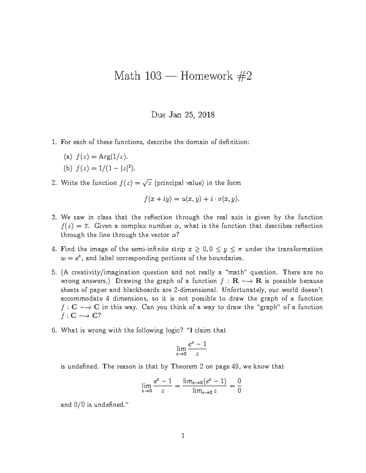 Math103Homework 2 - Math 103 (Complex Variables) Winter 2018 - Math 103 ...