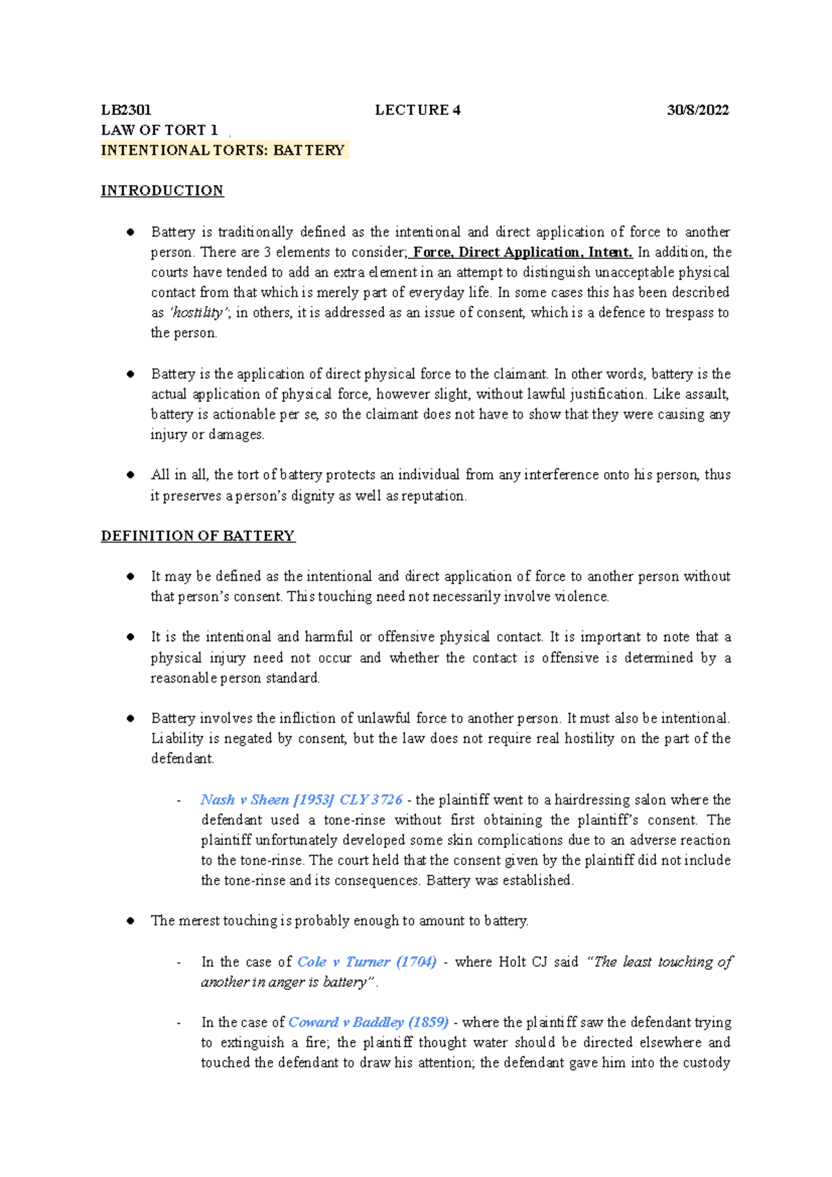 LB2301 Tort Lecture 4 - LB2301 LECTURE 4 30/8/ LAW OF TORT 1 ...